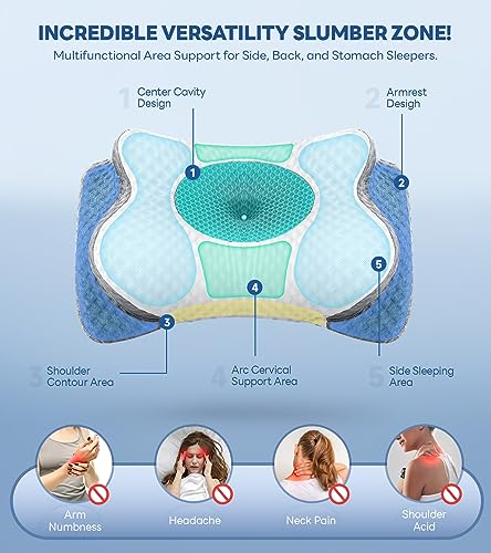 No More Aches Neck Pillow for Pain Relief, Adjustable Cervical Support with Armrest, Odorless Ergonomic Contour Memory Foam Pillows,Orthopedic Bed Side Back Stomach Sleeping