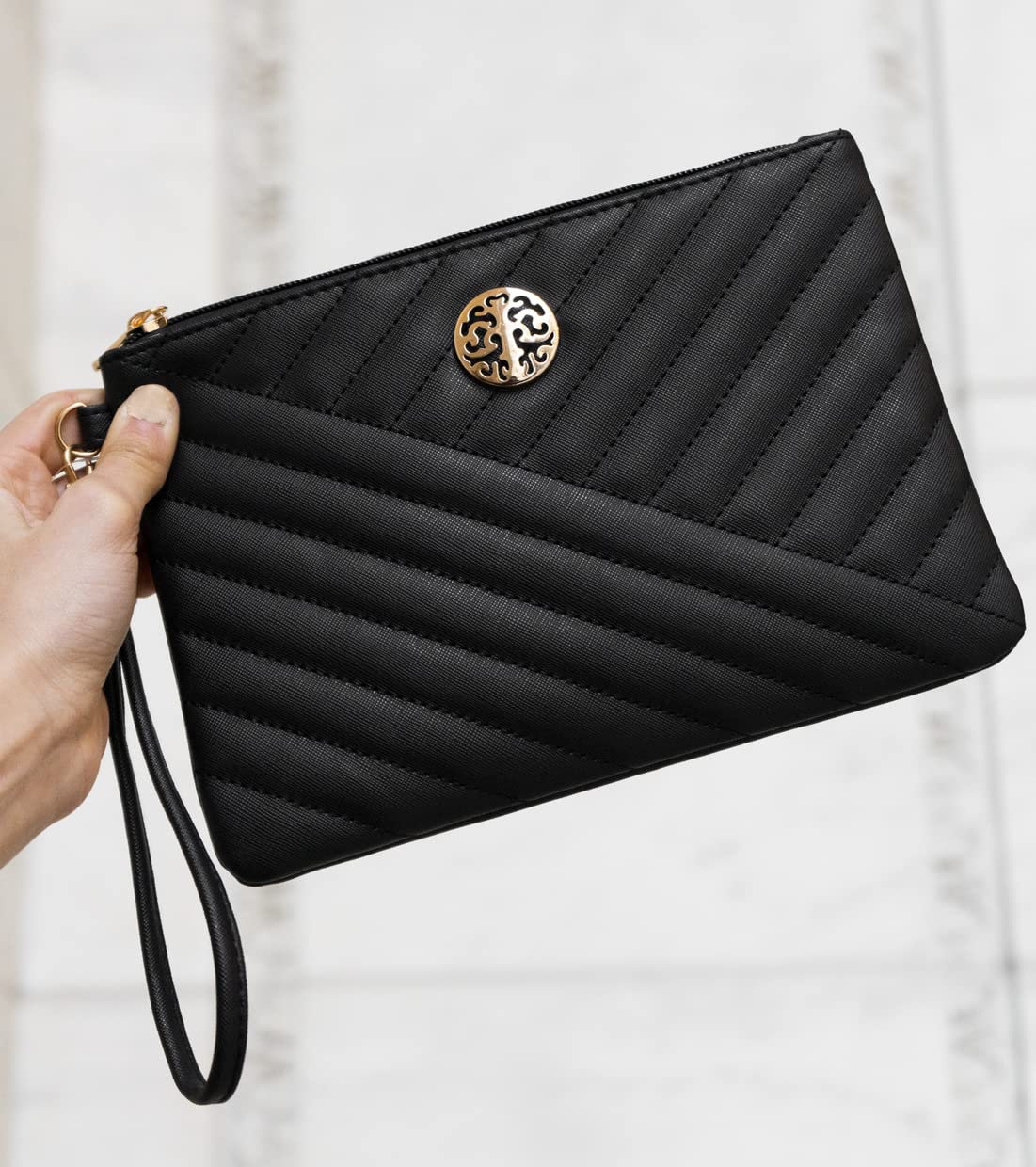 Rebecca & Rifka Saffiano Vegan Leather Chevron Quilted Single Zip Wristlet Wallet