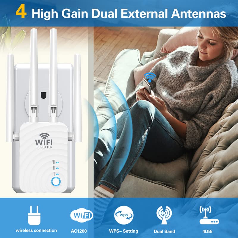 WiFi Range Extender Signal Booster, Covers up to 5000sq.ft and 35 Devices, 1200Mbps Wireless Internet Amplifier, 2.4 & 5GHz Dual Band WiFi Repeater with Ethernet/LAN Port
