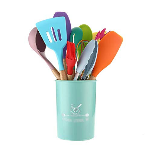 LMMDP 15 Piece Set of Cooking Green Silicone Kitchenware Shovel Spoon Kitchenware Tool Spoon Storage Bucket Set