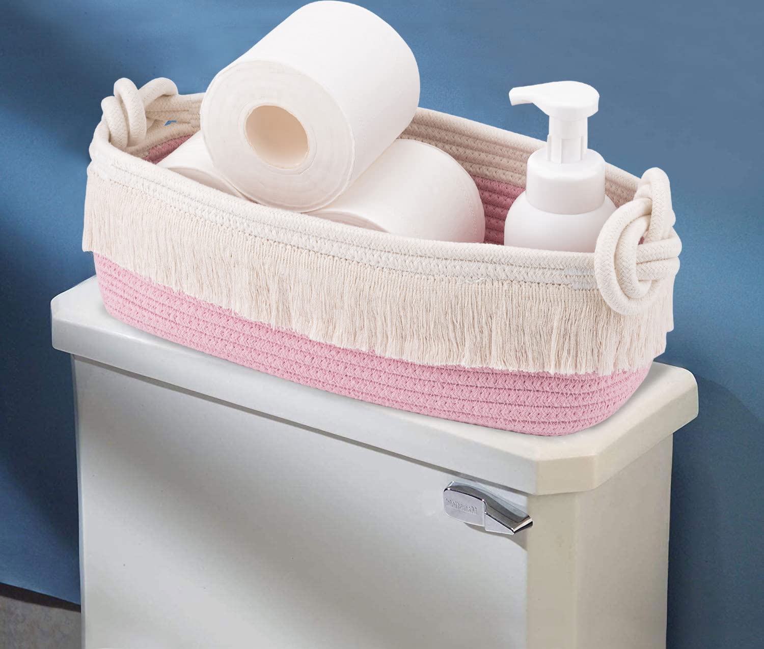 VAGRSS 2 Pack Small Woven Baskets Set - Natural Cotton Rope Baskets with Handle, Storage Basket for Nursery, Toy Baskets, Gift Baskets, Bathroom Organization Bin, Dog Toy Cat Basket (White&Pink)