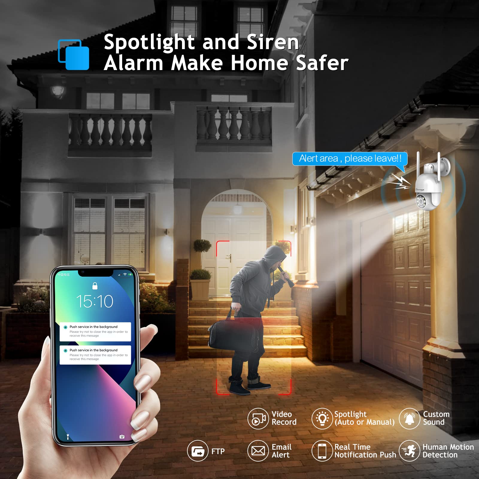 WiFi Security IP Camera, Wireless 4MP Pan Tilt Weatherproof Outdoor Auto Tracking Camera Support Color Night Vision, Alexa, Siren Alarm, Spotlight Human Motion Detection, 2 Way Audio, Cloud/SD