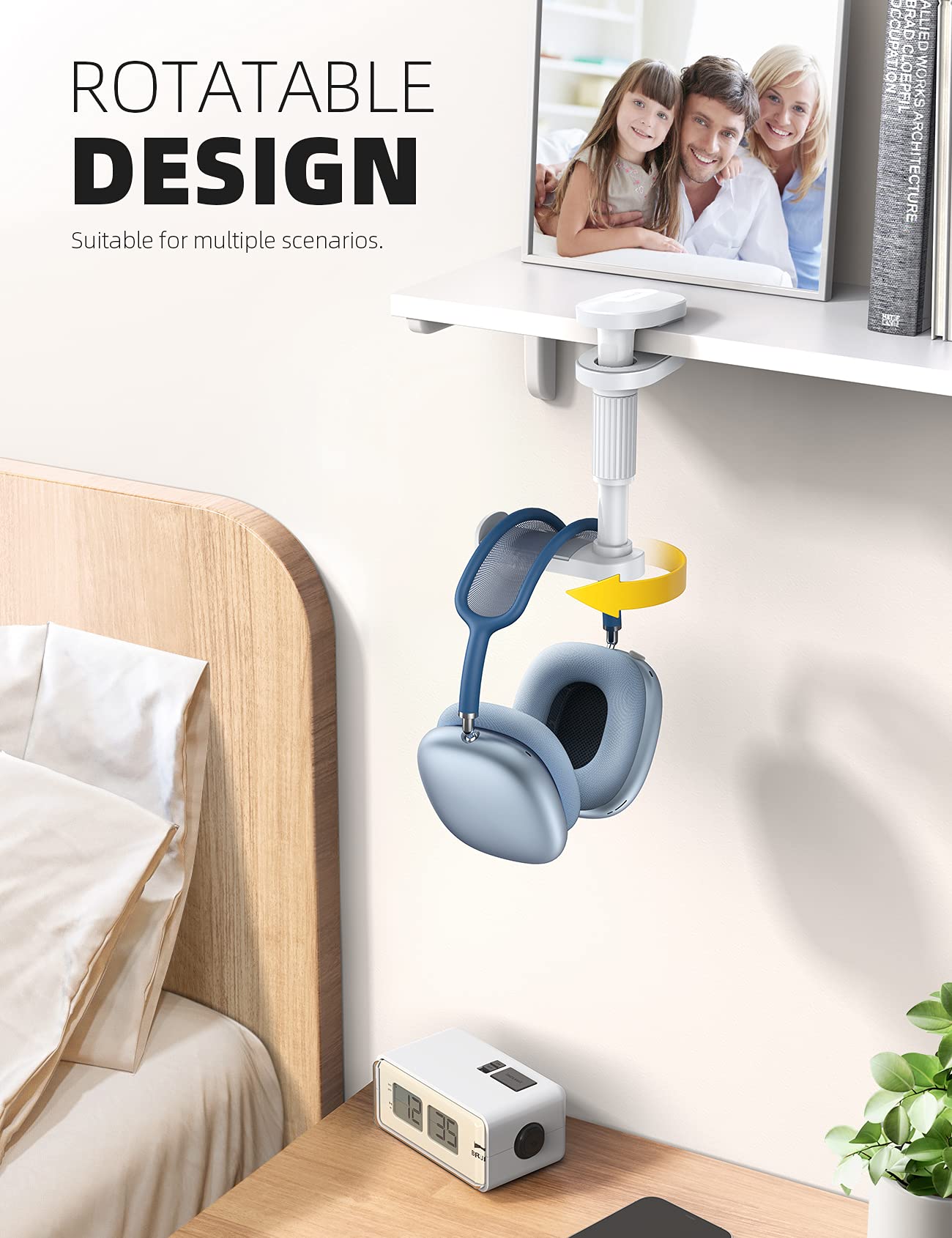 Lamicall Headphone Stand, Headset Hanger - 360° Rotating Upgraded Earphones Holder Hook Mount Clamp Under Desk for Airpods Max, Sennheiser, More, Black