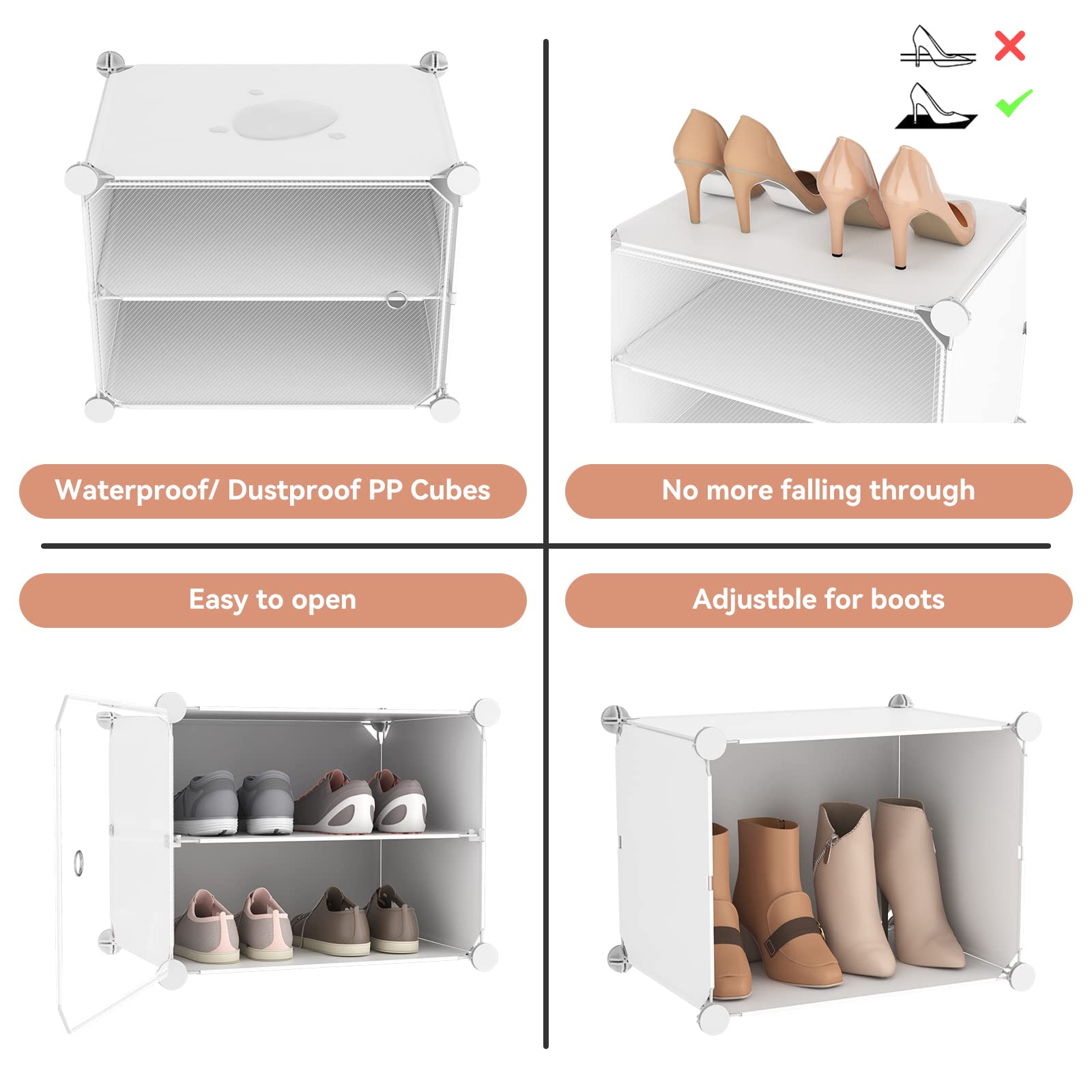 LANTEFUL Shoe Rack 8 Tiers 32 Pair Portable Shoe Storage Organizer Cabinet, Sturdy Plastic Shelf with Hooks, Door for Entryway, Bedroom and Hallway, White