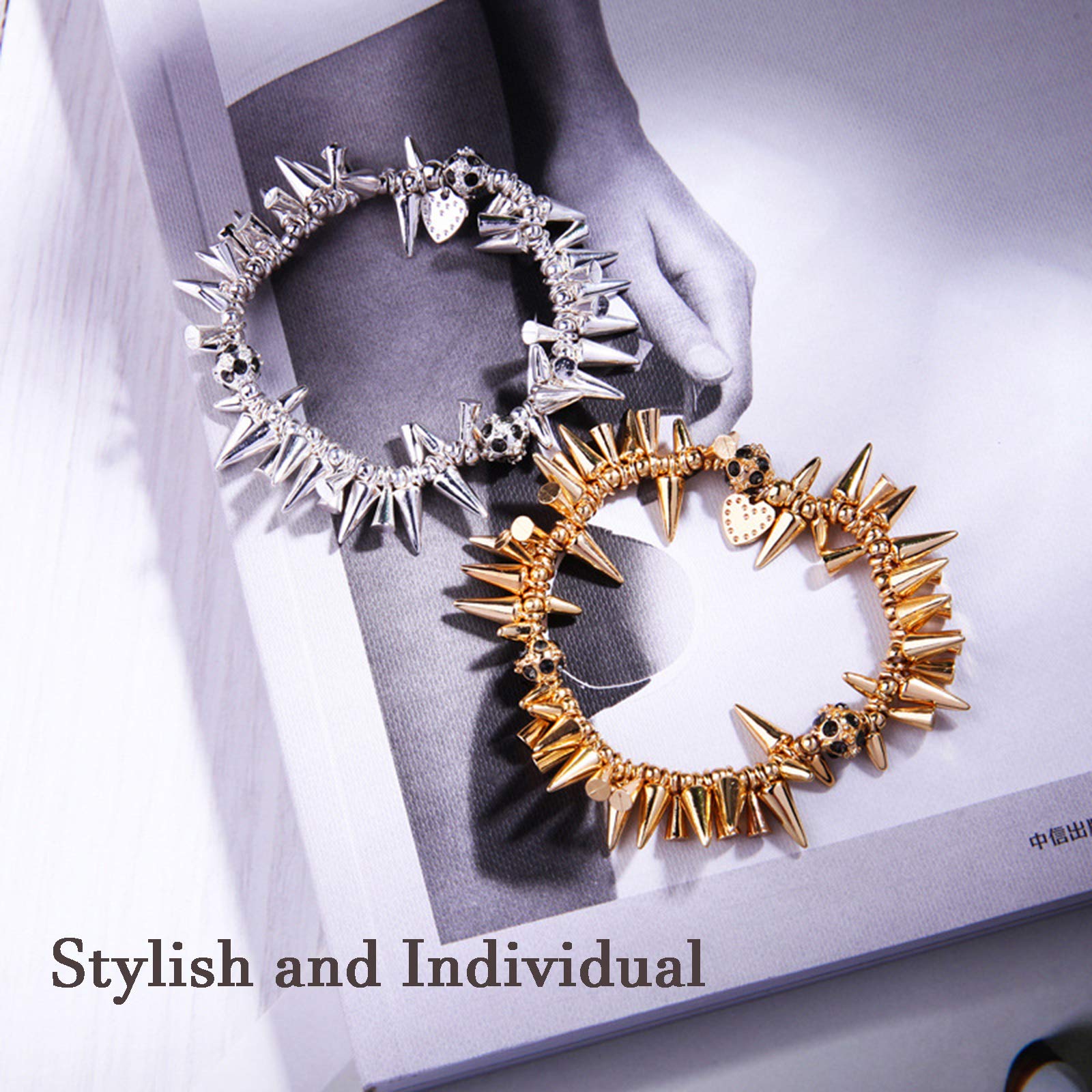 MINIDUO Rivet Punk Bracelet,Alloy Stretch Spike Studded Rivets Exaggerated Bracelet Jewelry for Women Gold