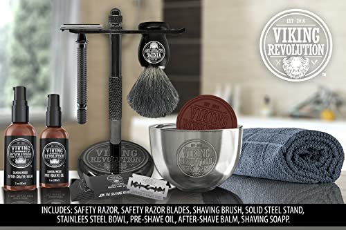 Luxury Safety Razor Shaving Kit - Includes Double Edge Safety Razor, Stand, Bowl, After-Shave Balm, Pre-Shave Oil, Badger Brush