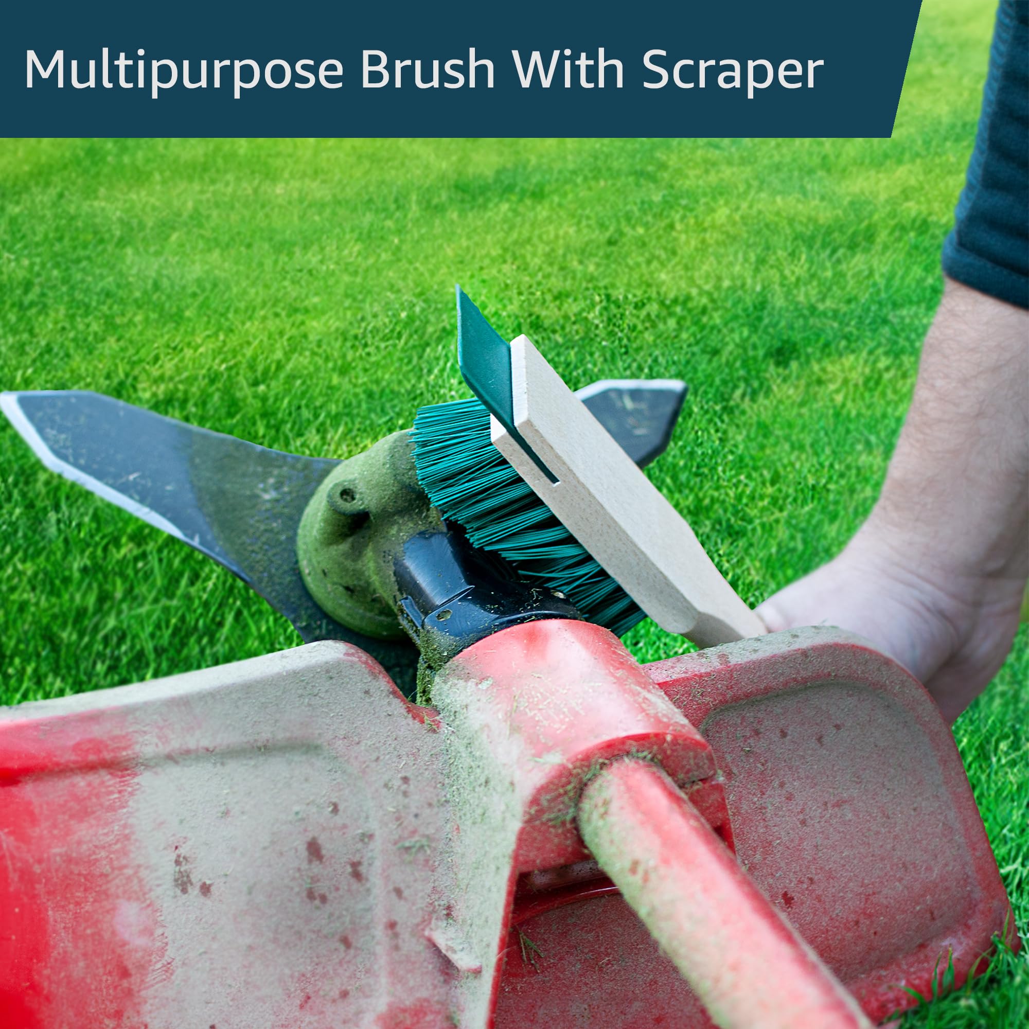 Scrubbing Brush Heavy Duty, Stiff Bristle Brush with Scraper - Wooden Scrub Brush, Bristle Brush for Cleaning, Lawn Mower Deck Scraper, Mower Cleaning Tool, Universal Outdoor Scrub Brush with Handle