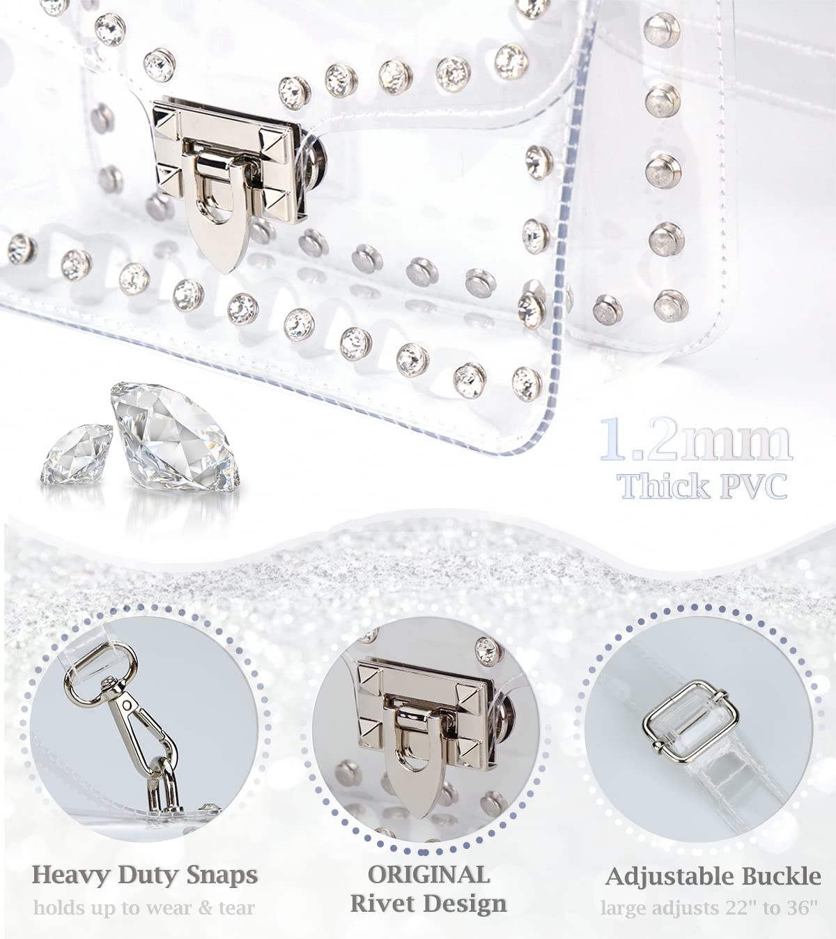 OllarKt Clear Purses For Women, Small Clear Clutch Purse Clear Crossbody Bag Stadium Approved Silver Rhinestone Embellished Evening Bag, Gift for Women