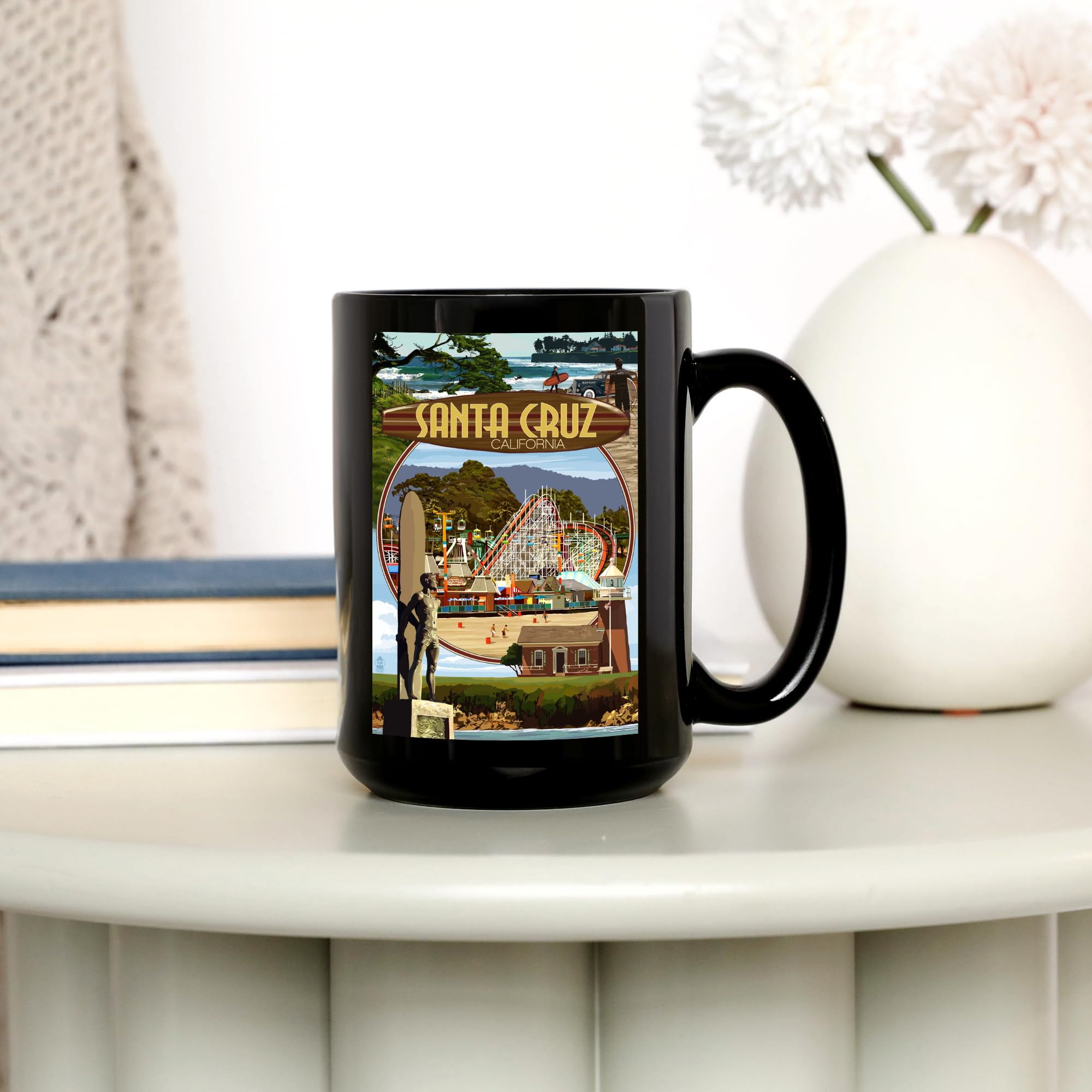 Lantern Press Santa Cruz, California, Scenes Montage (15oz Black Ceramic Coffee and Tea Mug, Dishwasher and Microwave Safe)