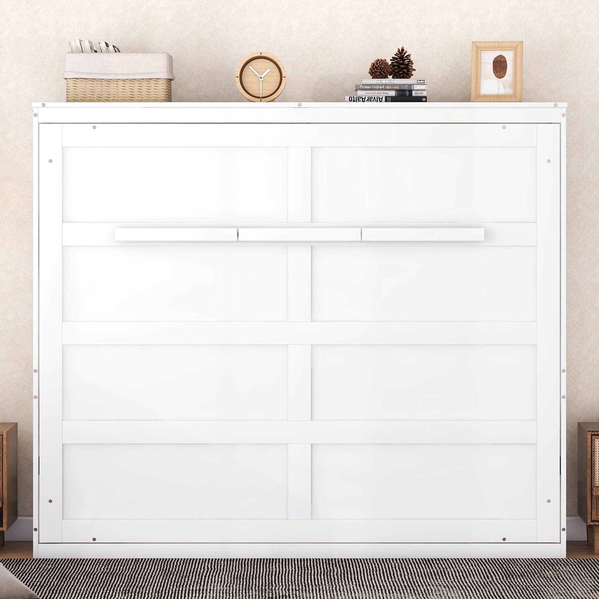 LuxyHoom Murphy Bed Queen, Queen Size Murphy Bed Cabinet, Wall Bed, Wood Hideaway Folding Beds for Platform Bedroom, Guest Room, Studio or Home Office, White