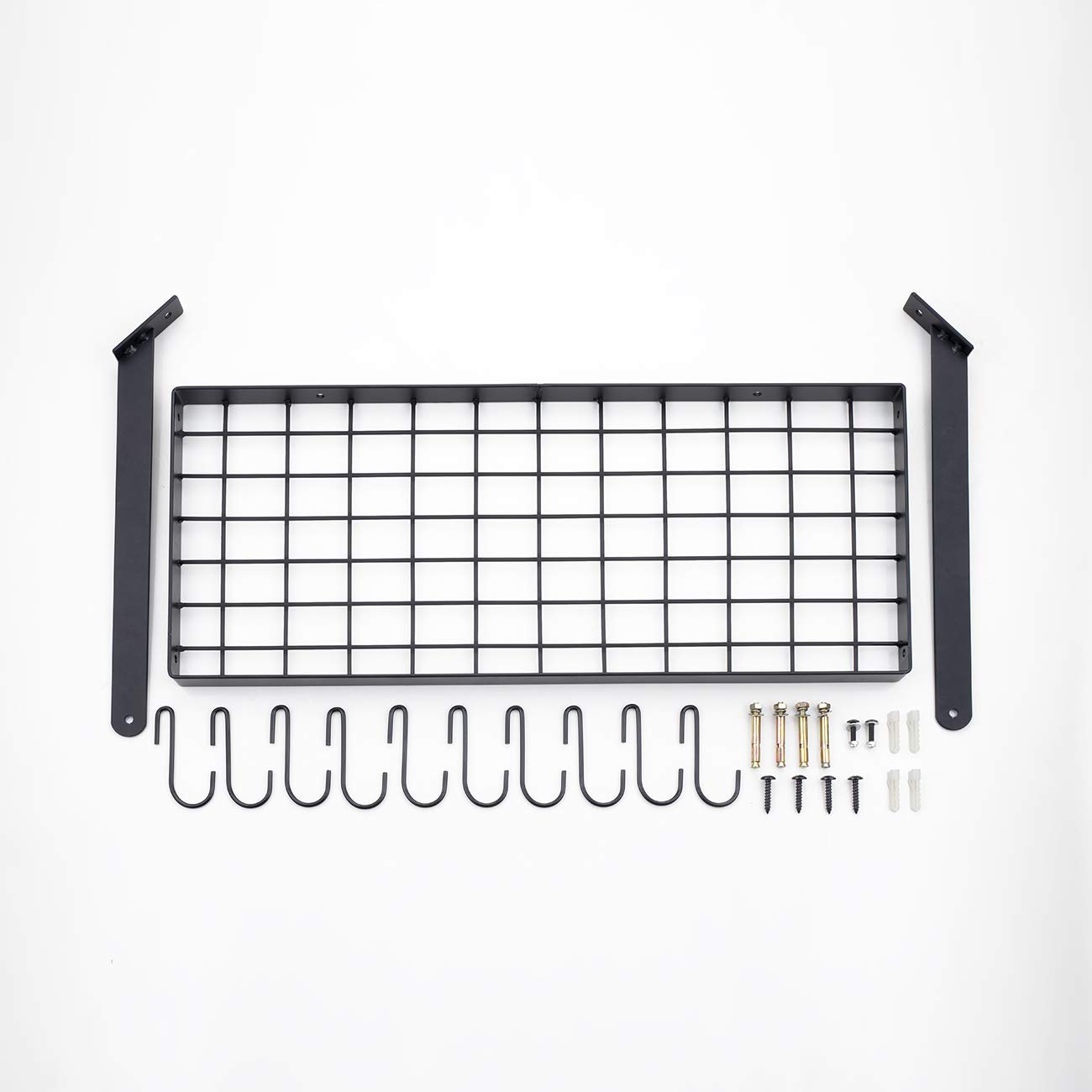 Miyili Pot Rack Square Grid Wall Mounted Kitchen Pot And Pan Organizer Shelf With 10 Hooks, 24 by 10-inch (Black), KR301B1
