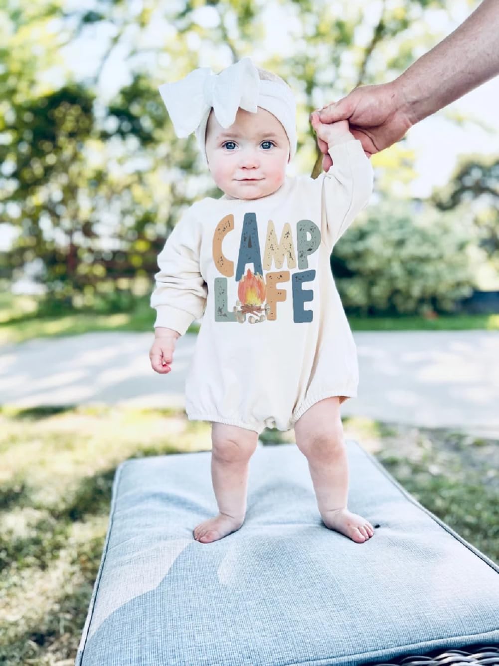 Lamuusaa Newborn Baby Girl Boy Clothes Camp Crewneck Sweatshirt Shirts Long Sleeve Romper Oversized Sweater Fall Tops 0-18M (Khaki, 6-12 Months)