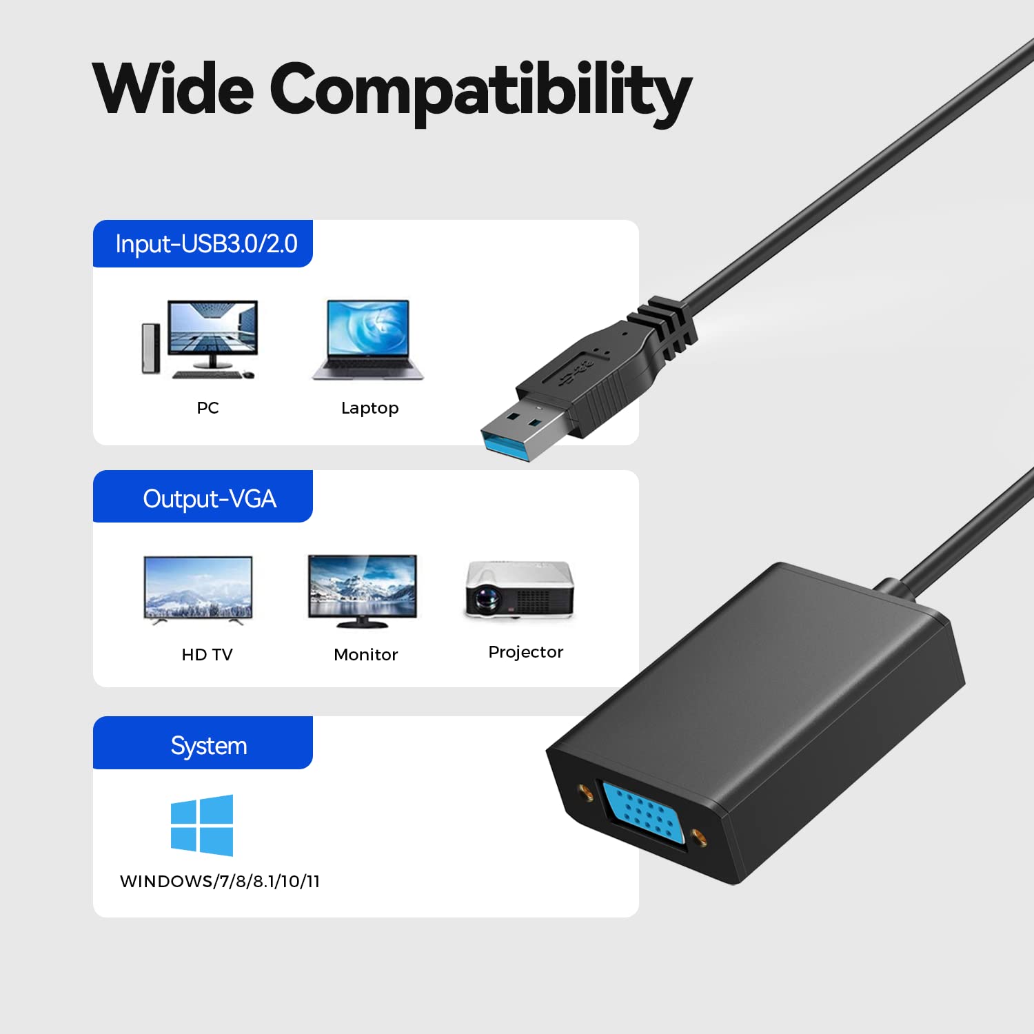 Viagkiki USB to VGA Adapter, USB 3.0 to VGA Multi-Display Video Converter 1080p, USB to VGA Adapter for Monitor Compatible with Windows 7/8/8.1/10/11(Not Support Mac/Chromebook/Linux)