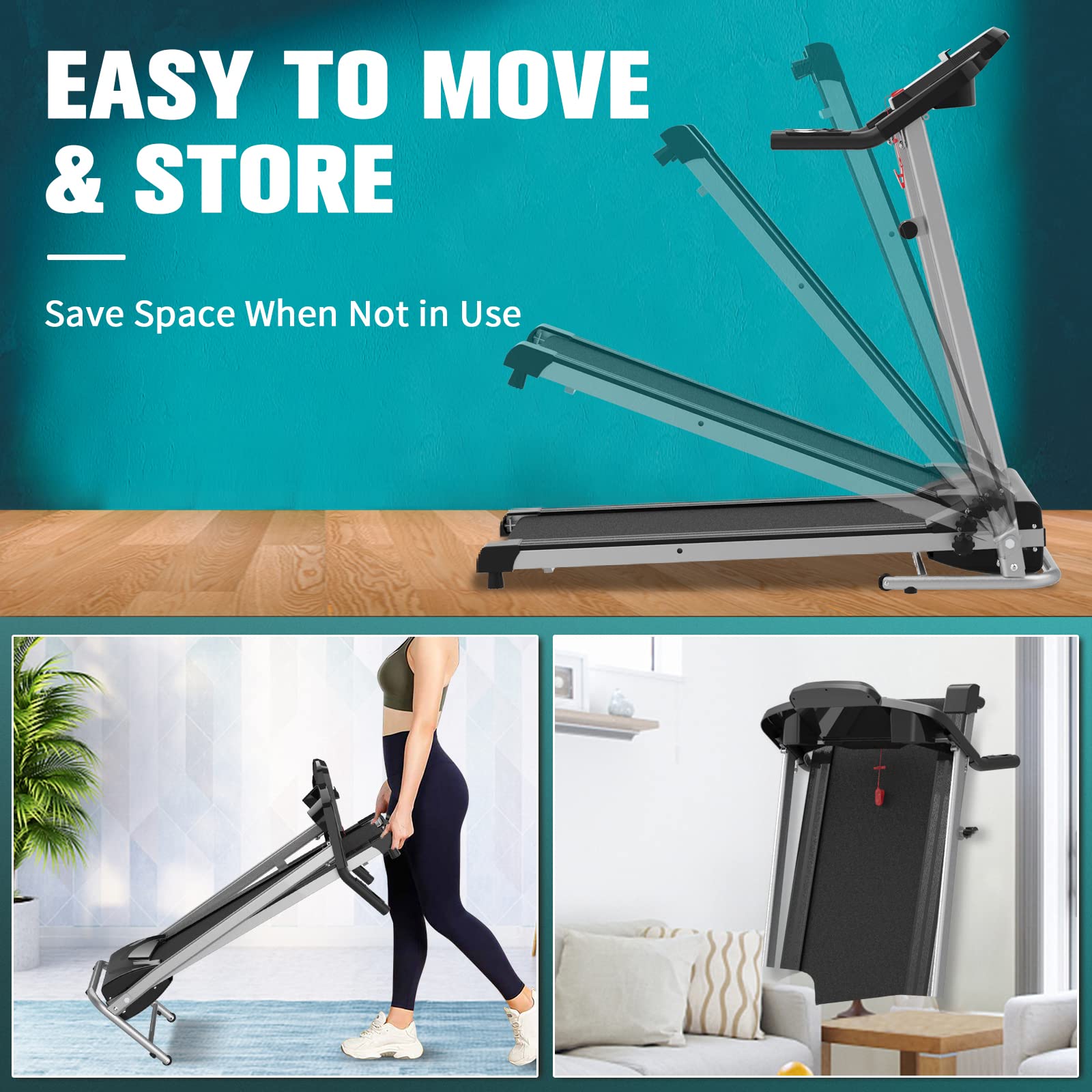 Redliro Electric Treadmill Foldable Exercise Walking Machince for Apartment Home/Office Jogging Compact Folding Easy Assembly 12 Preset Program 2 Wheels LCD Display (Silver)