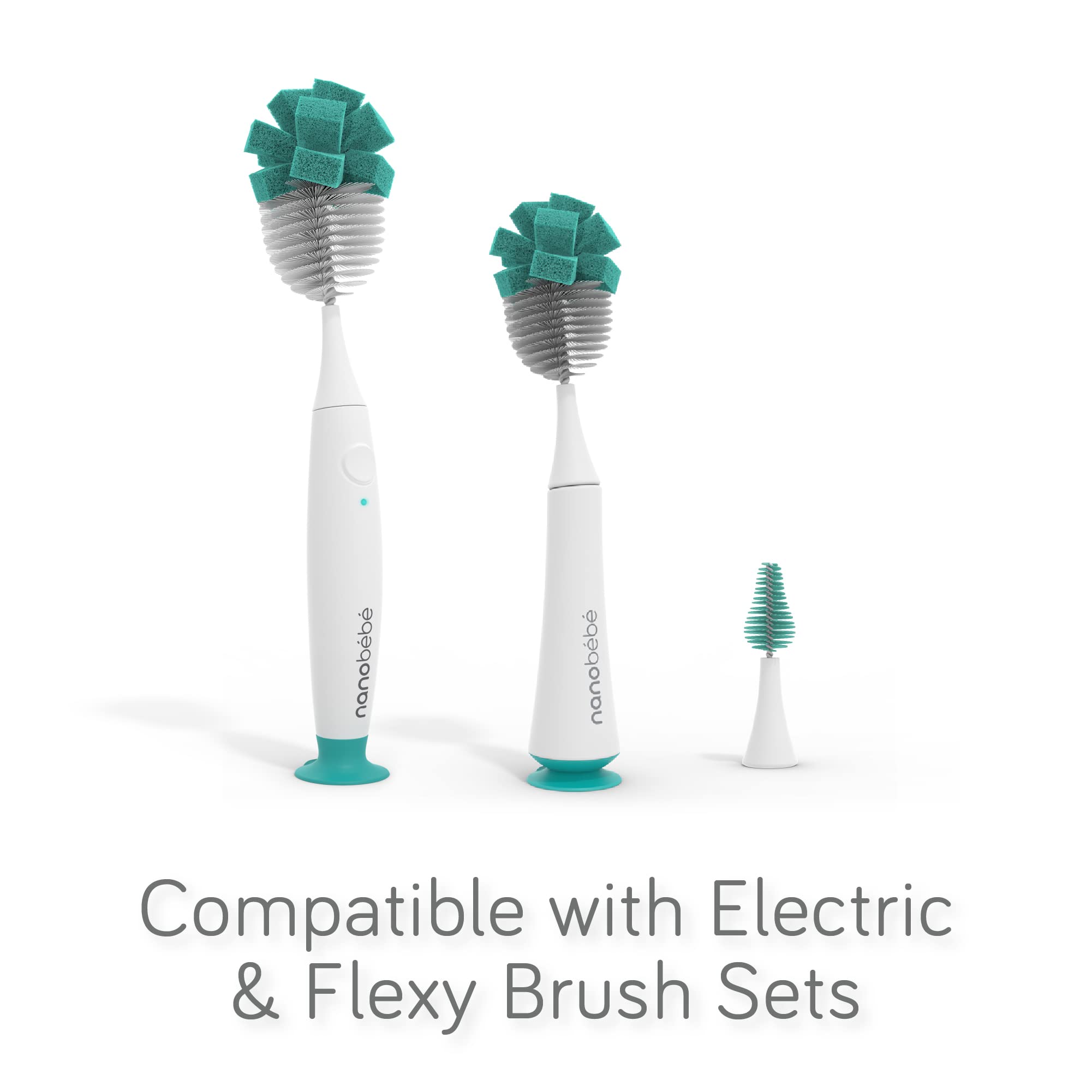 Nanobebe Baby Bottle Cleaner Replacement Heads - for E-Brush Electric Rechargeable Bottle Cleaning Brush and Flexy Brush in Gift Sets, for Baby Accessories, Pacifiers, and Sippy Cups - 4pk, Teal