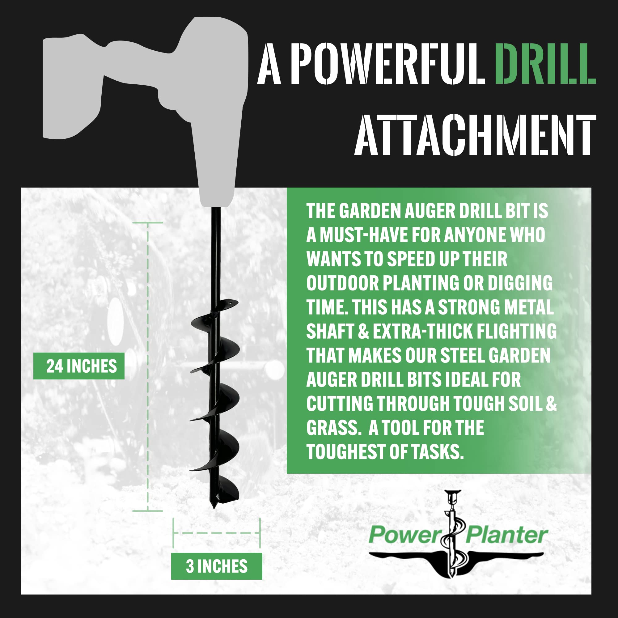 Power Planter 100% USA Made 3"x24" Extended Length Bulb & Bedding Plant Auger with 1/2" Non-Slip Hex Drive