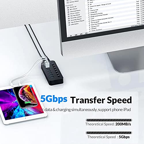 XXXDXDP 7 Port Powered USB 3.0 HUB BC1.2 Charger Splitter with Individual on/Off Switches and 12V/2A Power Adapter for PC Computer
