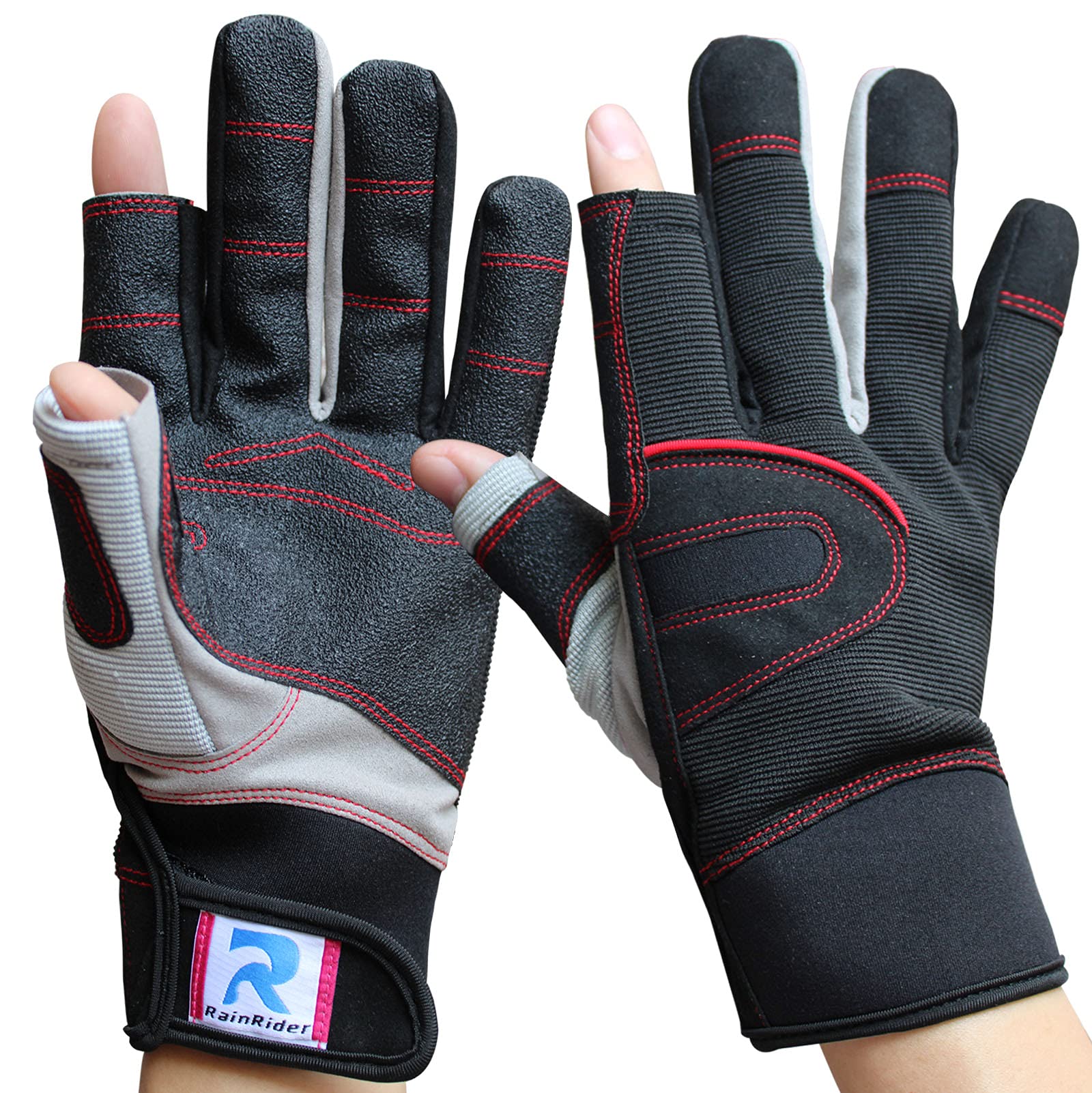 RainRider Sailing Gloves for Men Women Long Finger Fishing Boating Kayaking Surfing Dinghy Canoe Padding and Water Sports, Leather in Palm to Enhance Gripping(Black,XL)
