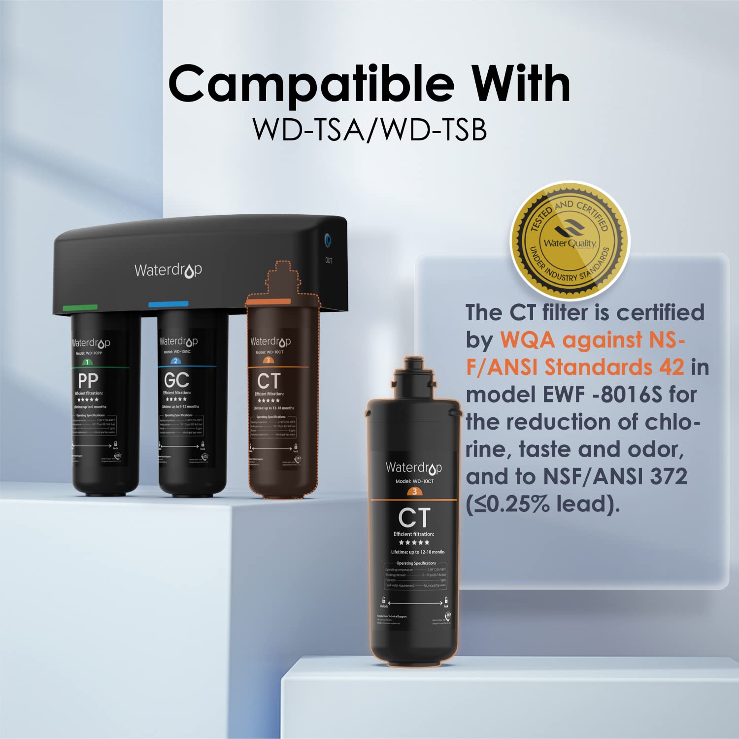 Waterdrop WD-10CT Under Sink Water Filter, Replacement for Waterdrop TSA & TSB 3-stage Under Sink Water Filter System