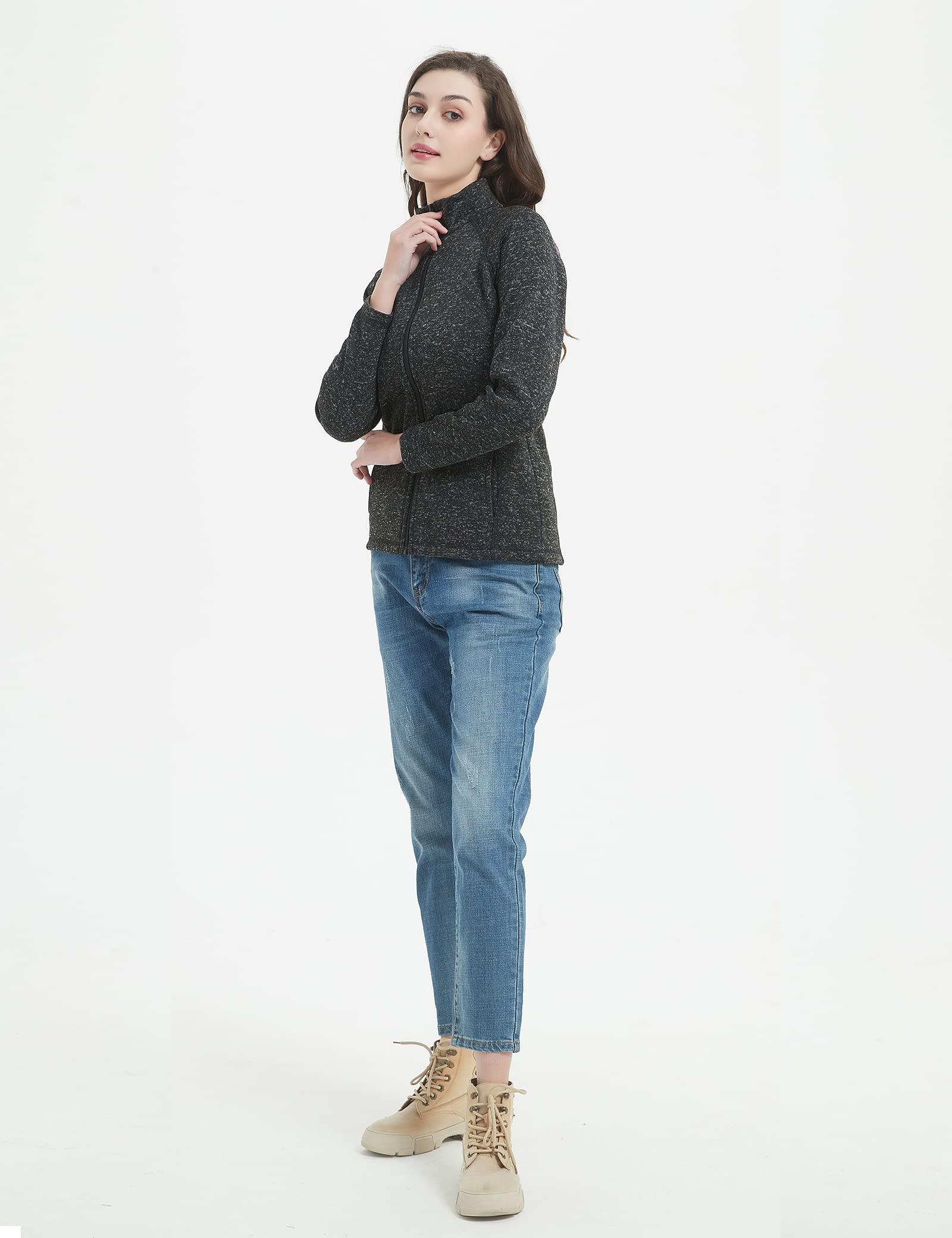 SLOWTOWN Women's Sweater Fleece Jacket Zip-up Sweater Lightweight Speckled Jacket with Pockets (Black, Medium)
