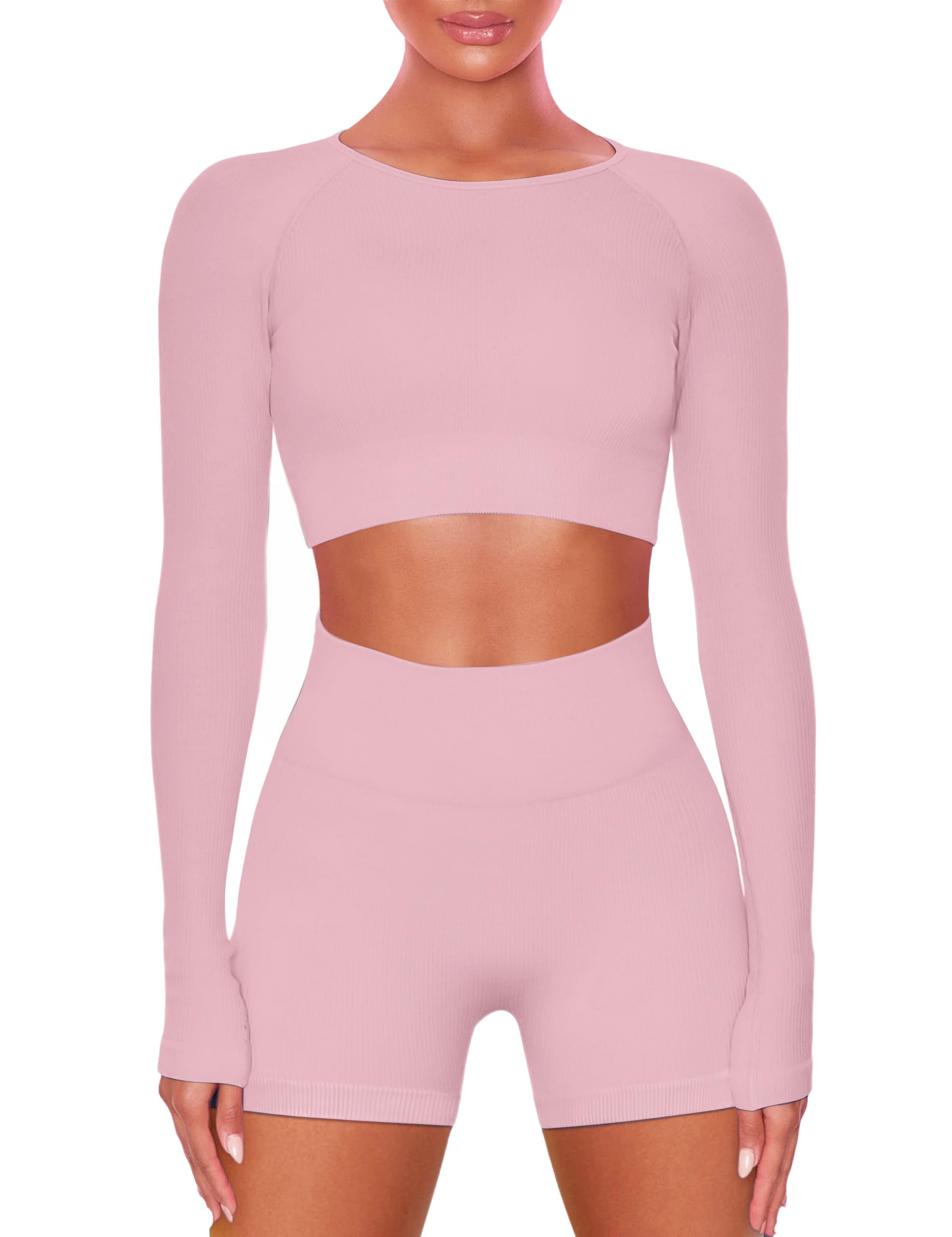 LAOARA Women Gym Sets 2 Piece Outfits Workout Sets Knitted High Waisted Shorts Tracksuits Exercise Set Pink L