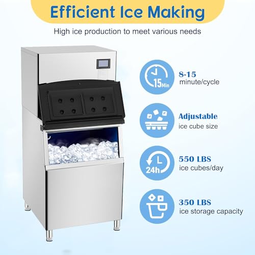 Zstar 560LBS/24H Commercial Ice Maker Machine, Freestanding Large Ice Maker w/ 350LBS Ice Storage, Adjustable Ice Cube, Self-Cleaning, Stainless Steel Industrial ice Machine Commercial for Restaurant