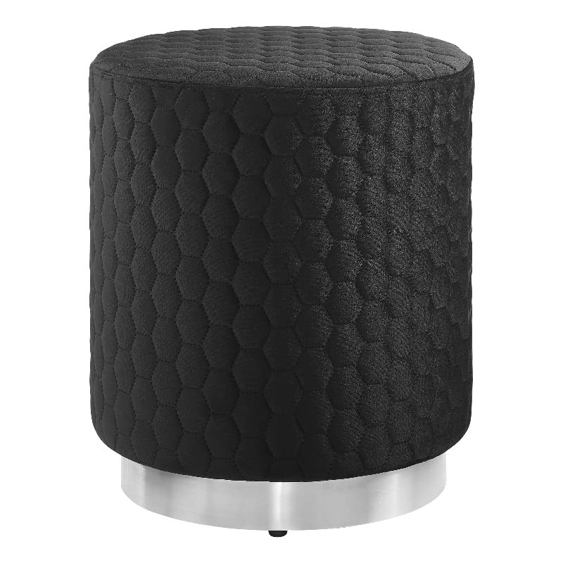 Linon Aiden Round Quilted Fabric Stool with Silver Metal Base in Black