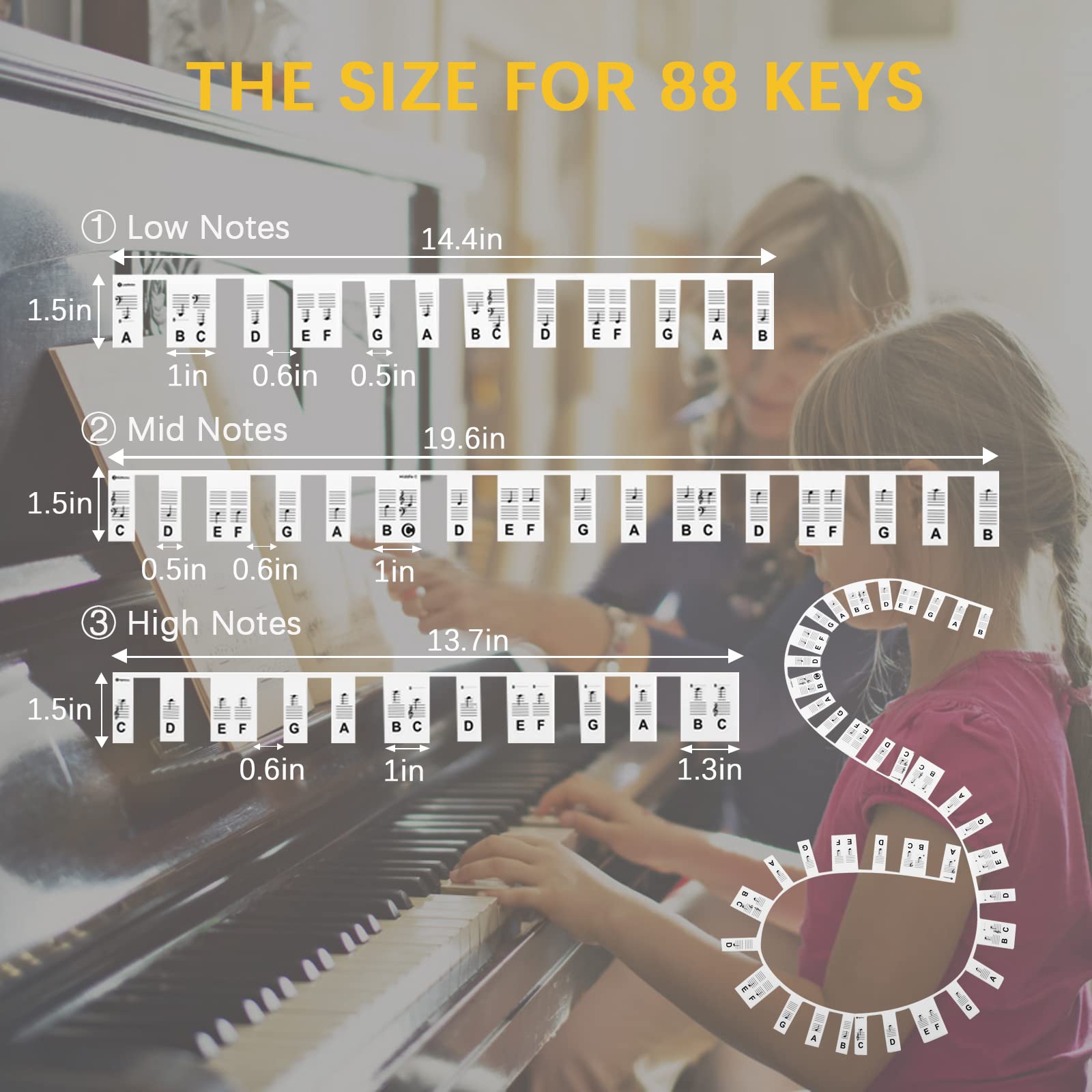 Removable Piano Keyboard Note Labels, 88-Key Full Size Piano Stickers, Made of Silicone, No Need Stickers, Reusable and Comes with Box, Double Staff Display of Piano Notes Guide for Beginner (Black)