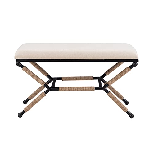 Linon Anna Campaign Accent Bench Black Metal Legs with Rope Detail in Cream
