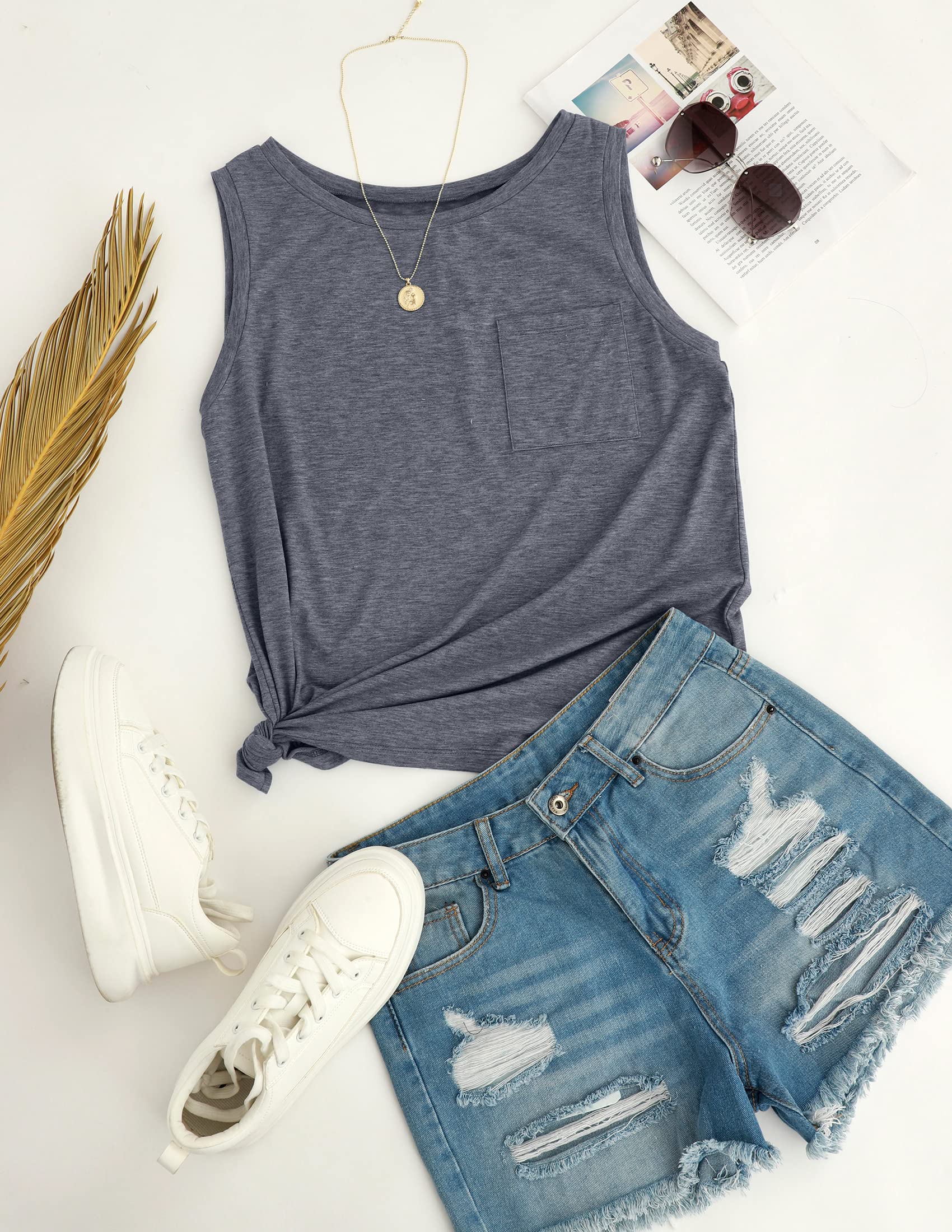 MIROL Women's Sleeveless Tank Tops Basic Loose Tunic T Shirts Batwing Sleeve Solid Color Casual Tee with Pocket Grey