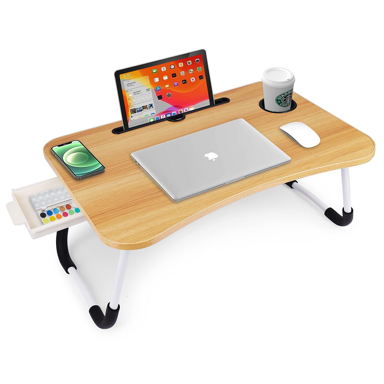 Lap Desk Foldable Bed Table Portable Multi-Function Lap Bed Tray Table with Storage Drawer and Cup Slot, Notebook Stand Breakfast Bed Tray for Sofa, Bed, Terrace, Balcony, Garden