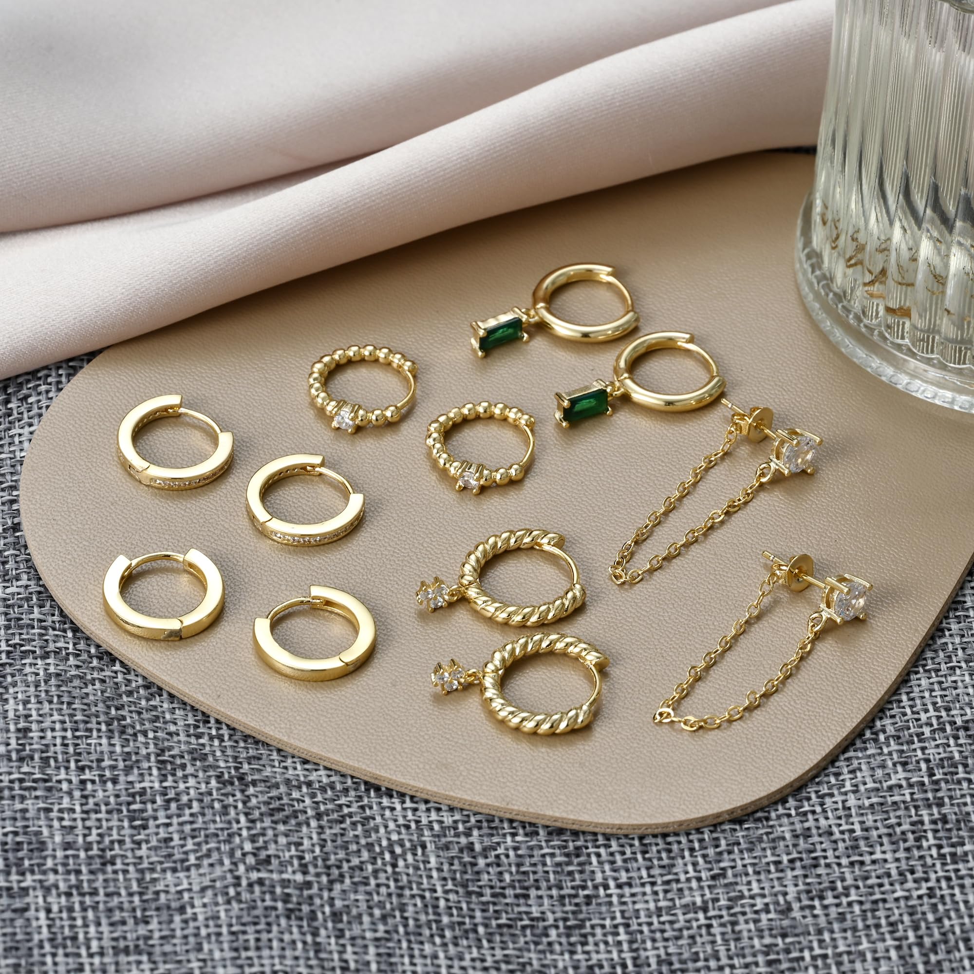 PLOMFOV 14K Gold Silver Hoop Studs Earrings Set for Women Dainty Dangle Hoop Gold Earrings Set for Multiple Piercing Gold Tone