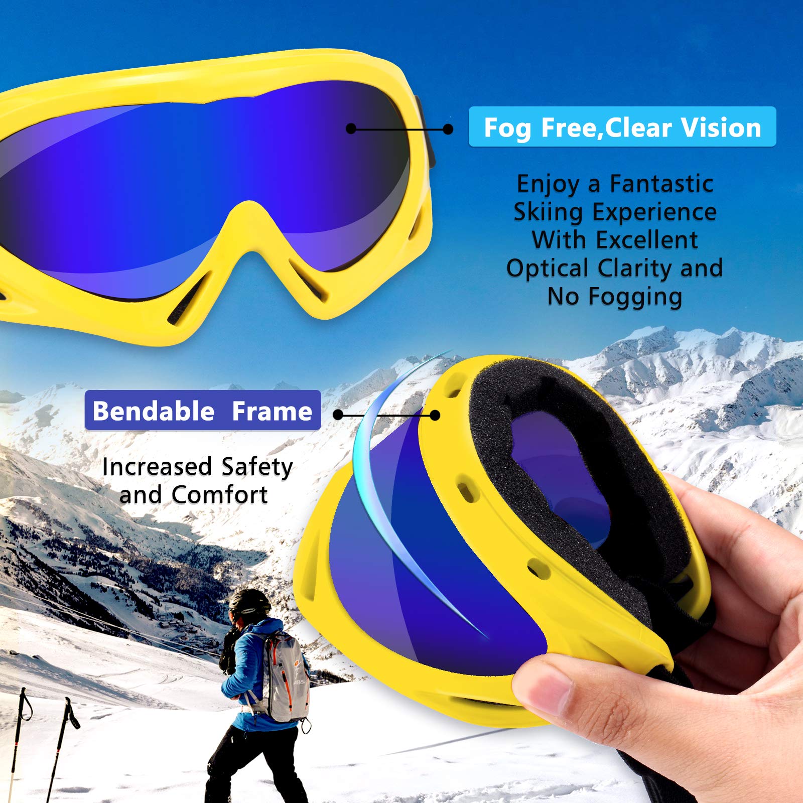 Noelwose 2 Pack Ski Snow Goggles Snowboard Goggles UV Protection Anti Fog Glare Lens Adjustable Strap for Adults&Kids