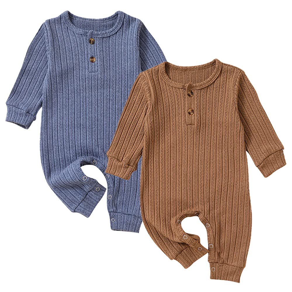 Yookoom Baby Boys Girls 2 Pack Solid Romper Long Sleeve Knit Cotton Button One Piece Jumpsuit Outfits Clothes,Blue+Coffee,0-3M