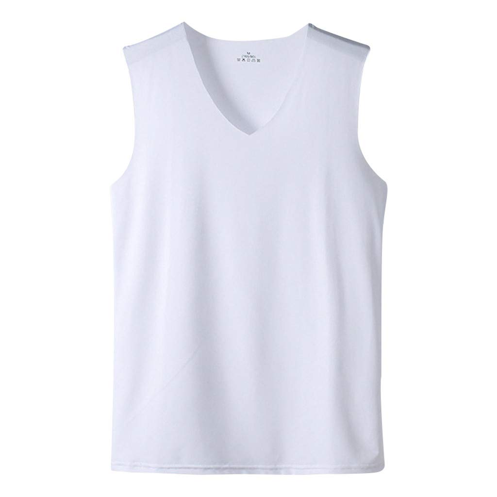 Men's Tee Shirt Ice Silk Traceless Cool Thin Breathable Wide Shoulder Tank Pure V-Neck Sleeveless Vest Top Blouse M-4XL