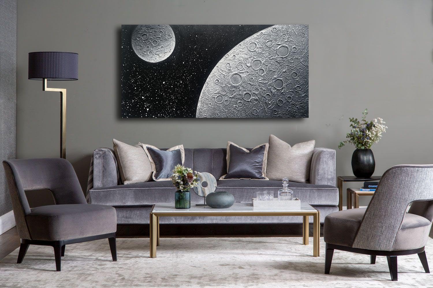 Landswaydecor Black and Grey Wall Art Moon Surface Canvas Oil Painting Home Decor Hand Painted Modern Textured 3D Artwork for Bedroom Living Room