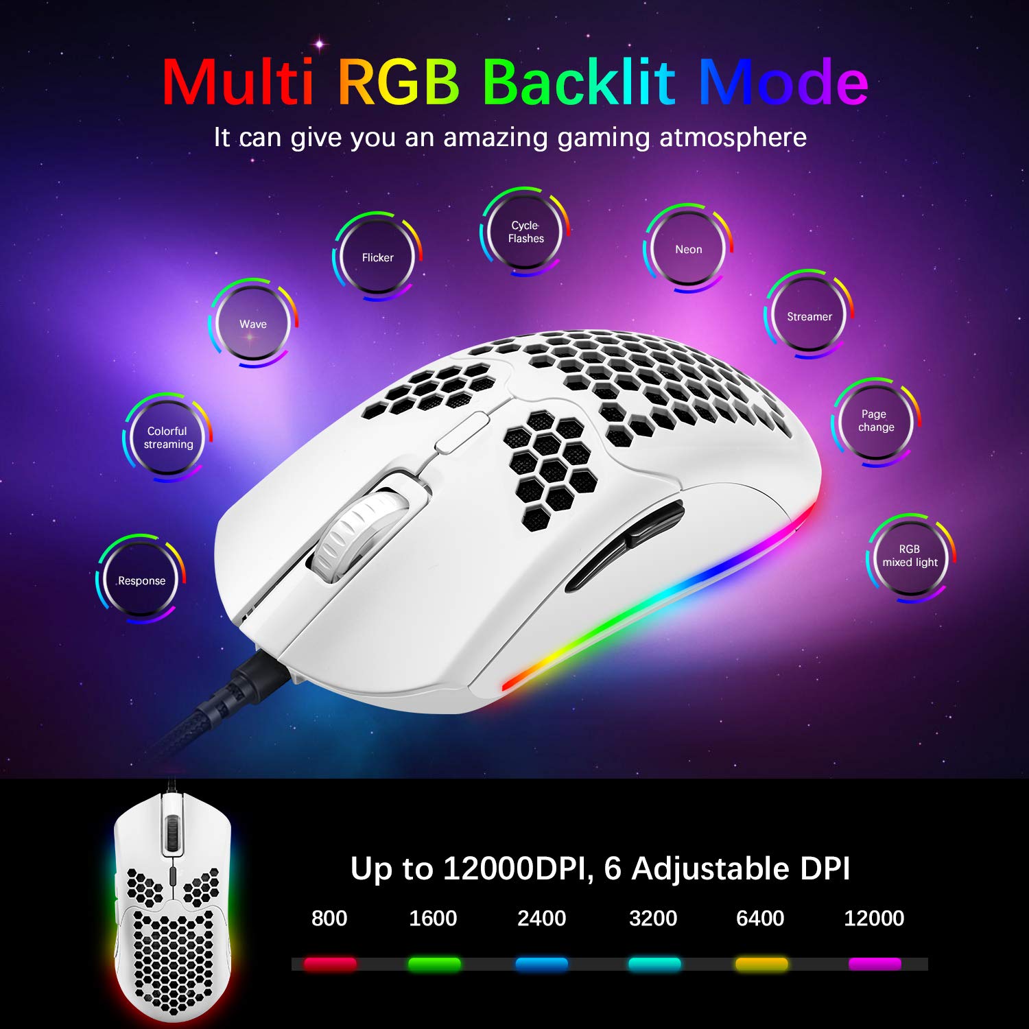 Lightweight Wired Gaming Mouse with 7 Button 26RGB Backlit Programmable Driver PAW3325 12000 DPI Optical Sensor Ultralight Ergonomic 65G Honeycomb Shell Ultraweave Cable for PC Xbox PS4 Gamer(White)