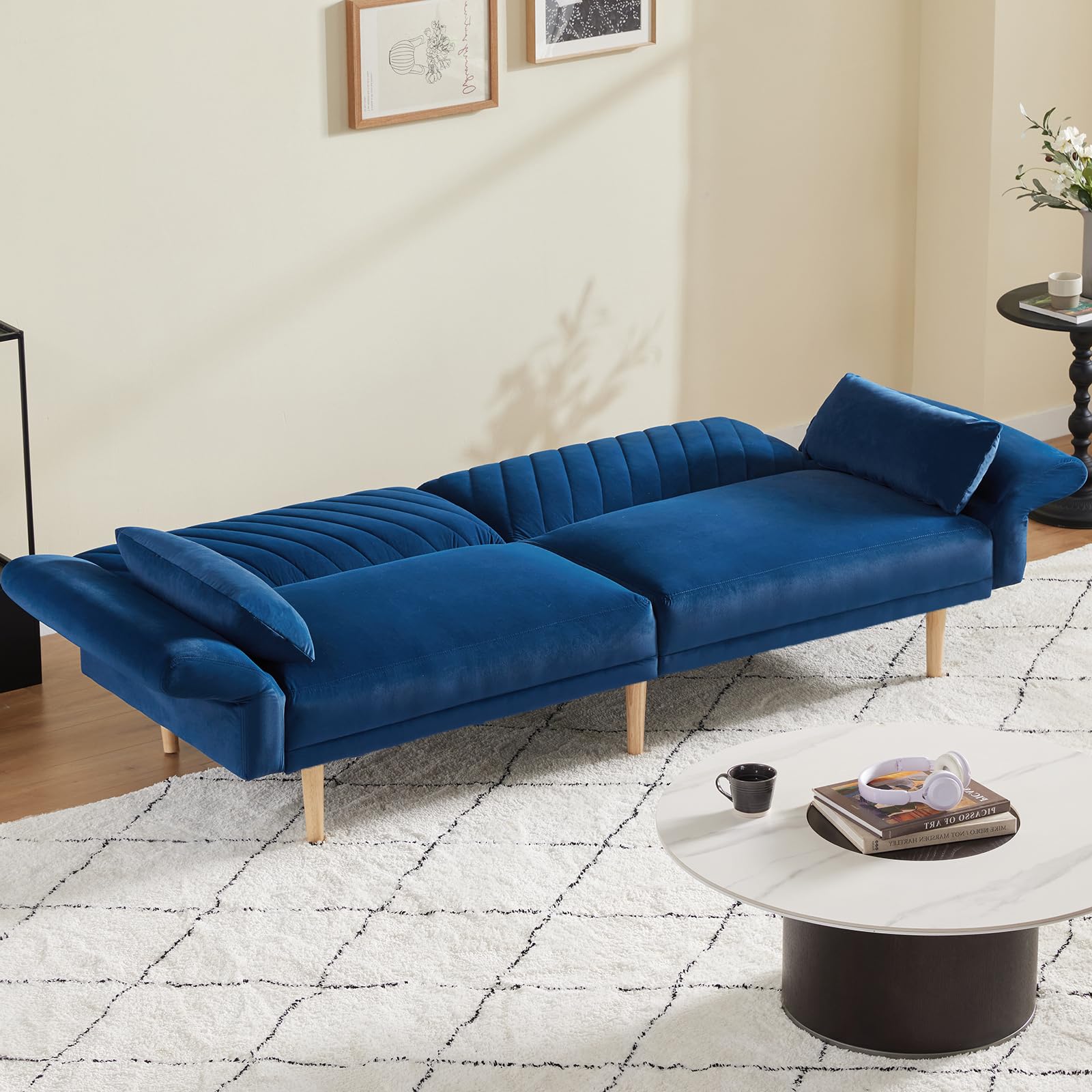 WILLOVE 78'' Velvet Futon Sofa Bed, Convertible Sleeper Bed with Adjustable Armrests and Backrest, Loveseat Sleeper Sofa with 2 Pillows, Modern Futon Couches for Living Room, Blue
