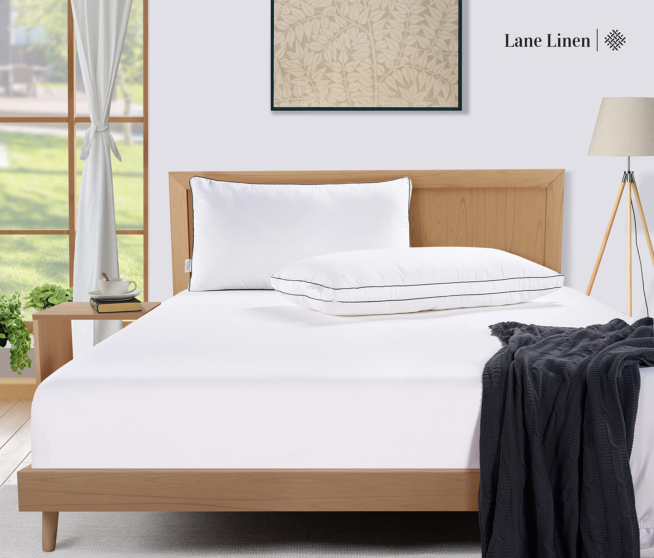 LANE LINEN Gusseted Soft Bed Pillows Standard Size Set of 2 for Sleeping, Back, Stomach or Side Sleepers, Down Alternative, White - 20 x 26 Inches