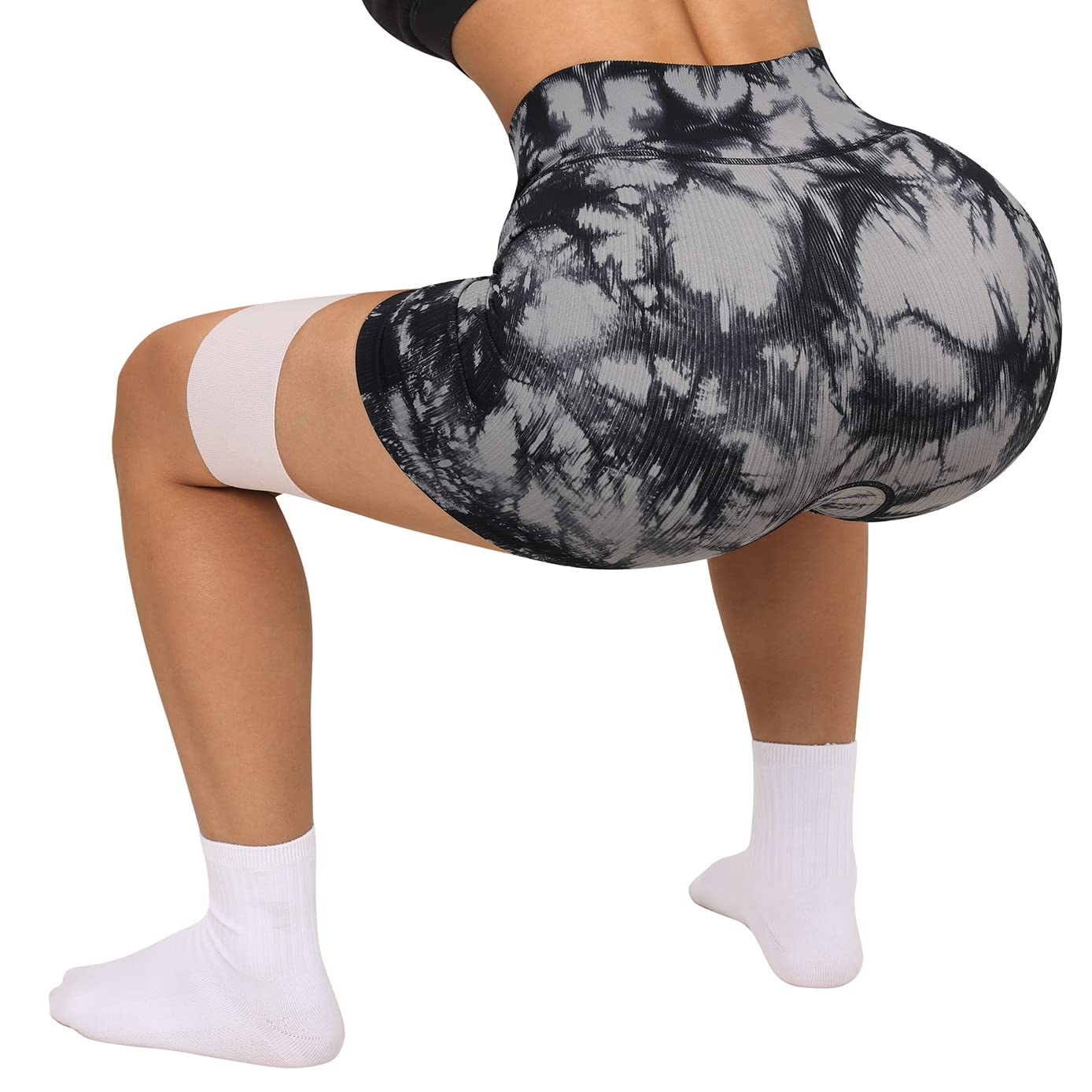 OMKAGI Women Ribbed Seamless Workout Shorts Soft Squat Proof High Waisted Biker Shorts(S,SL717-Black Grey Tie Dye-3inch)