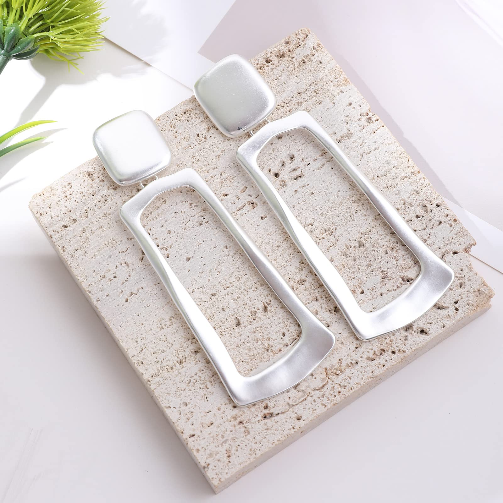 Rectangle Silver Dangle Earrings Alloy Big Long Silver Statement Earrings Prom Simple Hypoallergenic Fashion Dangle Earrings for Women