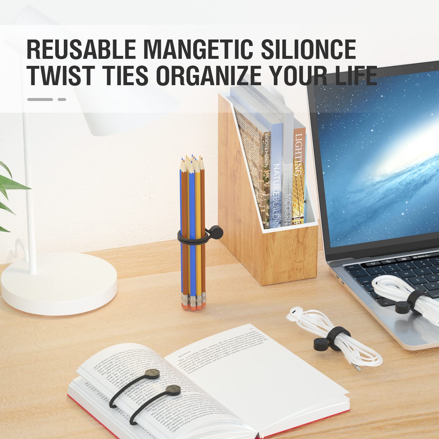 Magnetic Twist Ties, Reusable Silicone Cable Ties with Strong Magnet for Bundling and Organizing,Cord Wrap Clip Straps for Home or Office (Carbon Black-16 Packs)