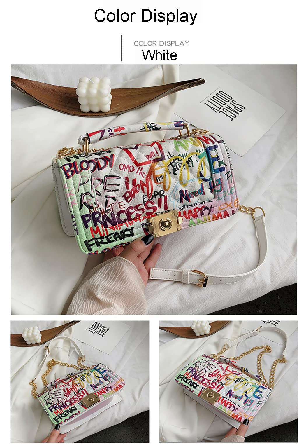 Small Rhombus Stitching Shoulder Bag, Fashion 2022 Graffiti Retangle Crossbody Handbag PU Leather (White)