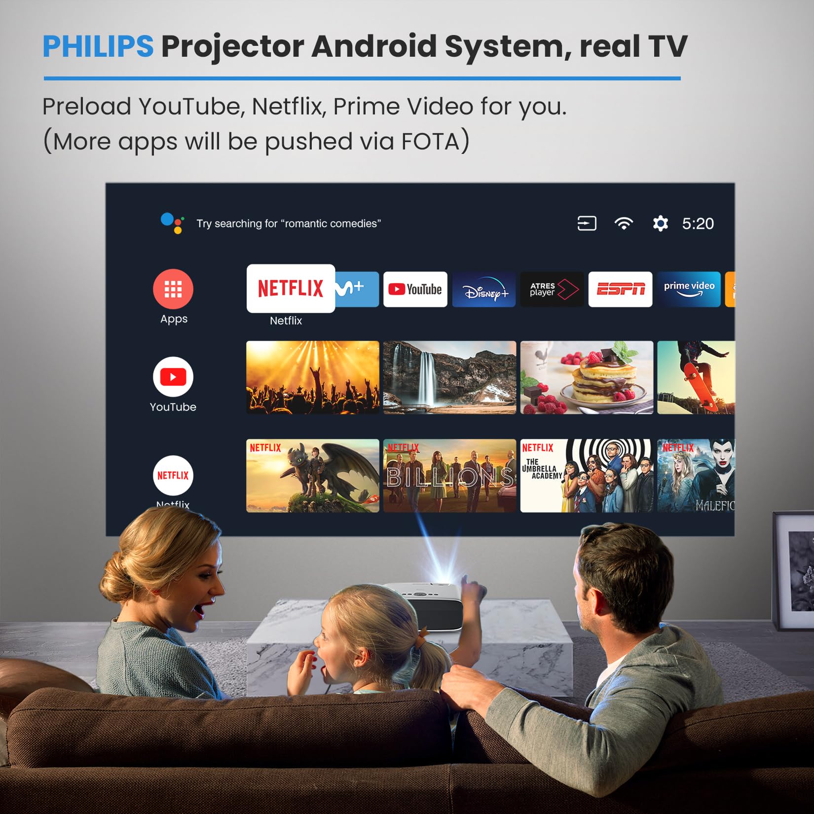 PHILIPS Android TV Projector with Apps and 5G WiFi Bluetooth - Smart Projector Built-in Netflix, YouTube, Outdoor Movie Projector 4D 4P Keystone, Zoom, Compatible w/ iOS/Android/Xbox/PS4/TV Stick/HDMI