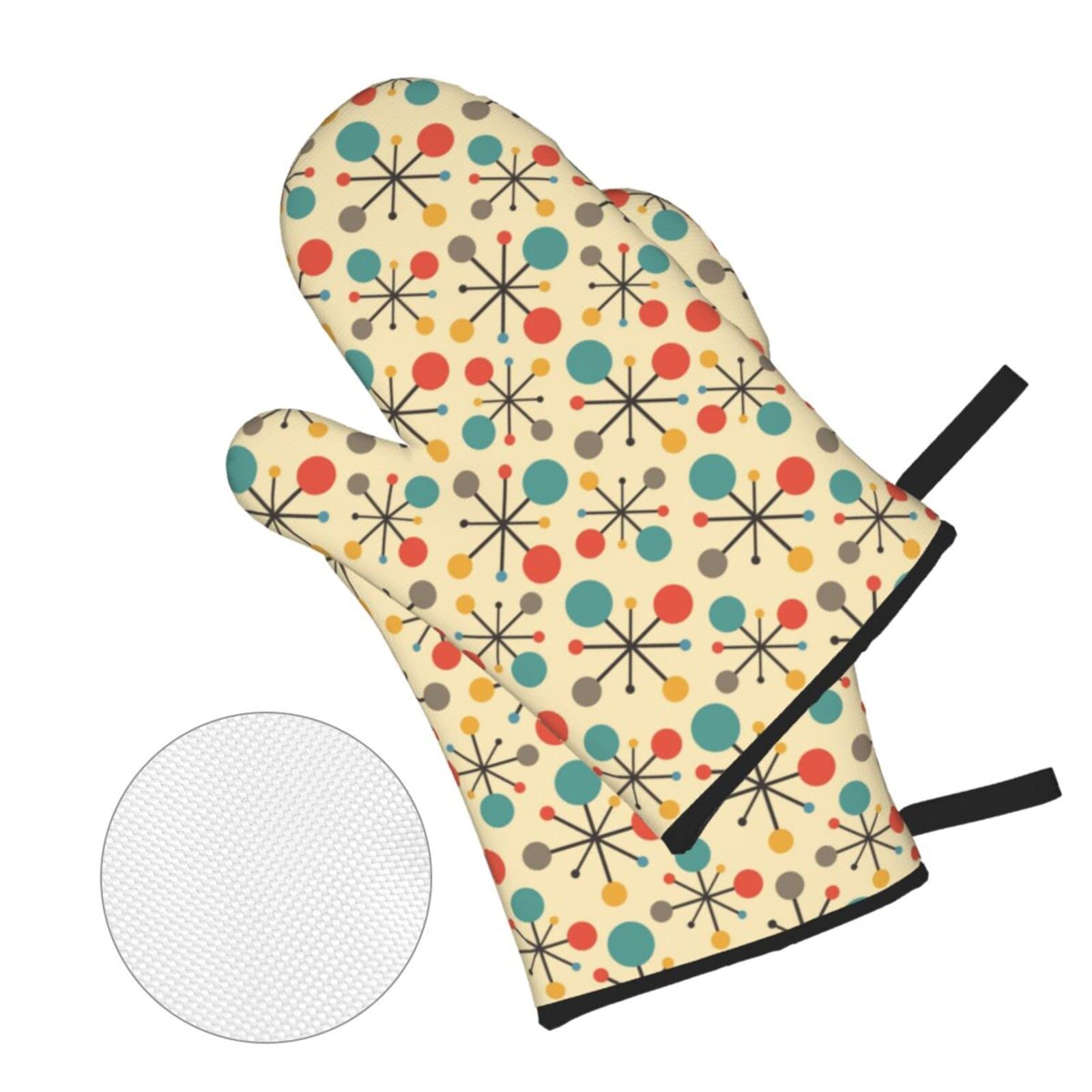 Retro Mid Century Fifties Modern Atomic Oven Mitts and Pot Holders Heat Resistant 4 Pcs Sets Waterproof Non-Slip for BBQ Cooking Baking Grilling
