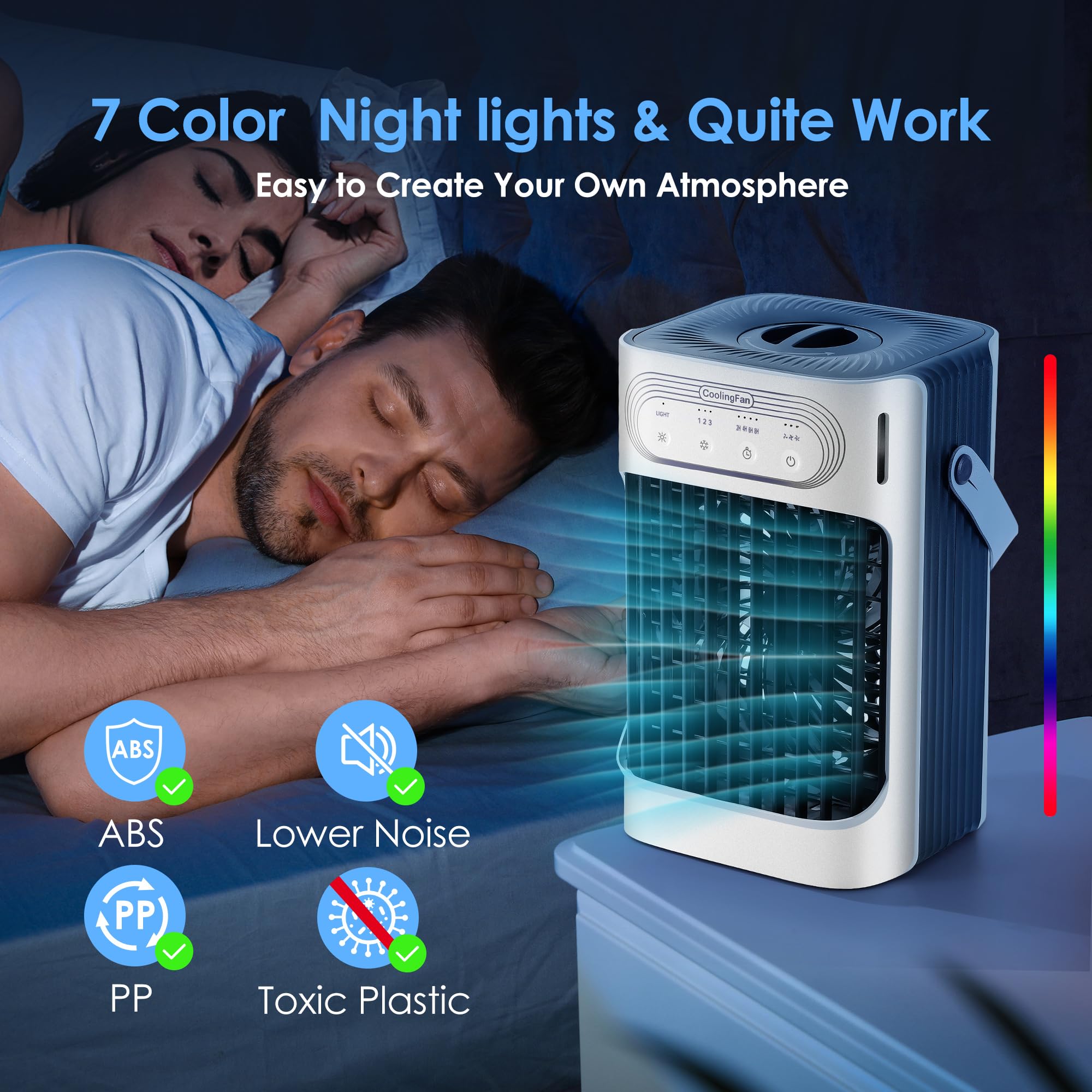 TAKSHO Portable Air Conditioner 3 Cold Wind Speeds-3 Mist Levels, 7 Color-Changing LED Lights - 10W&900ml Water Tank, USB-Powered Evaporative Air Cooler Unit with 2-8 Hour Timer, portable cooling fan