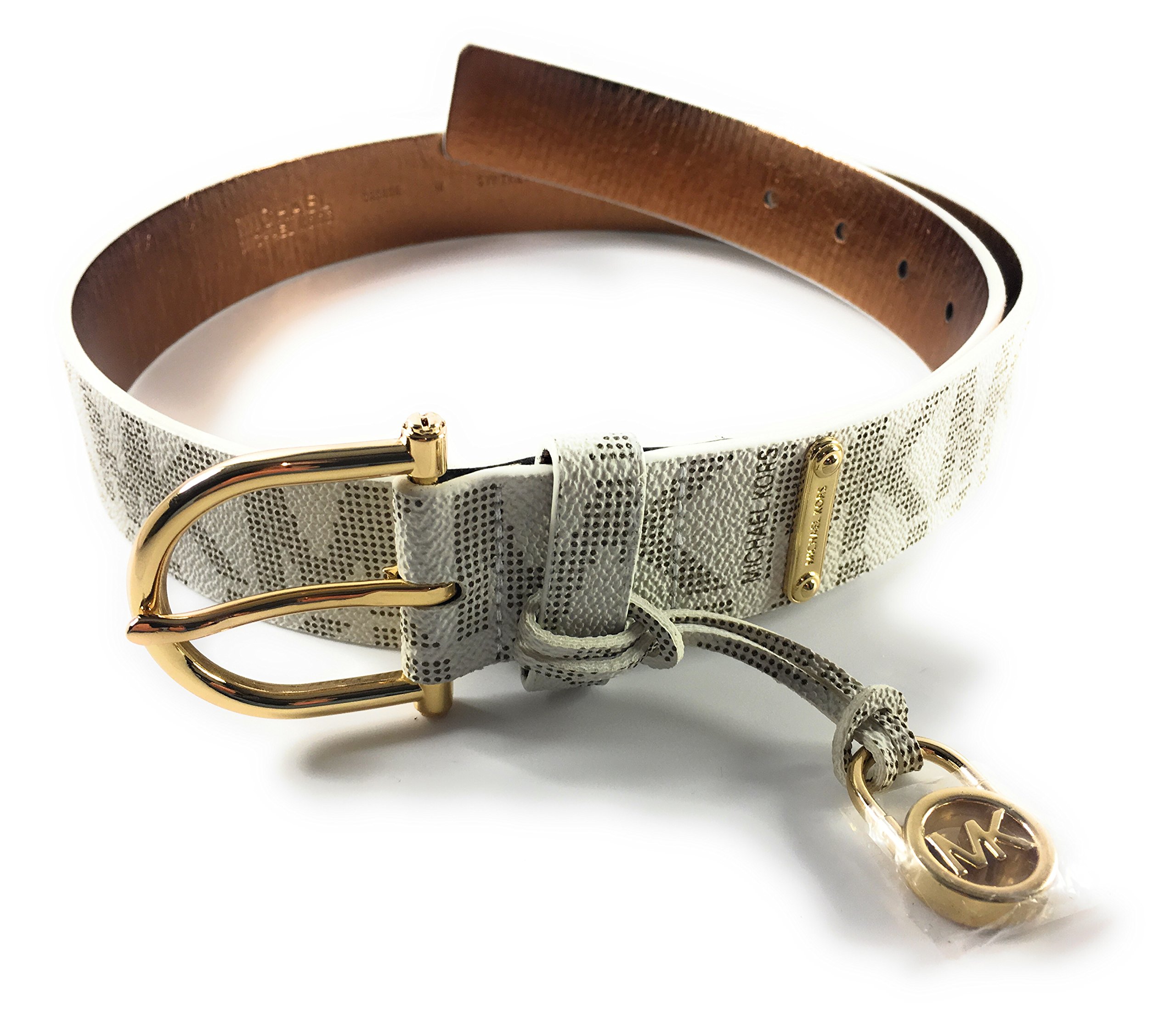 Michael Kors MK Logo Gold Charm Hamilton Belt, Vanilla, Medium
