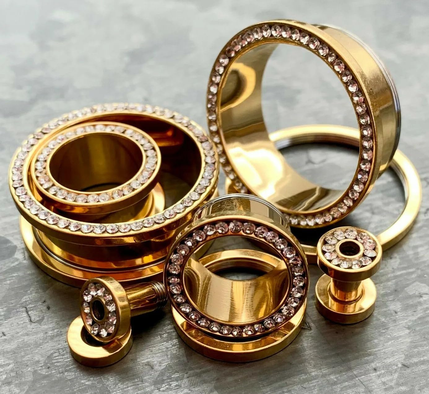 Lobal Domination PAIR of CZ Gem Rimmed Gold Ion Plated Tunnels Plugs Pierced Earlets Gauges (1" (25mm))