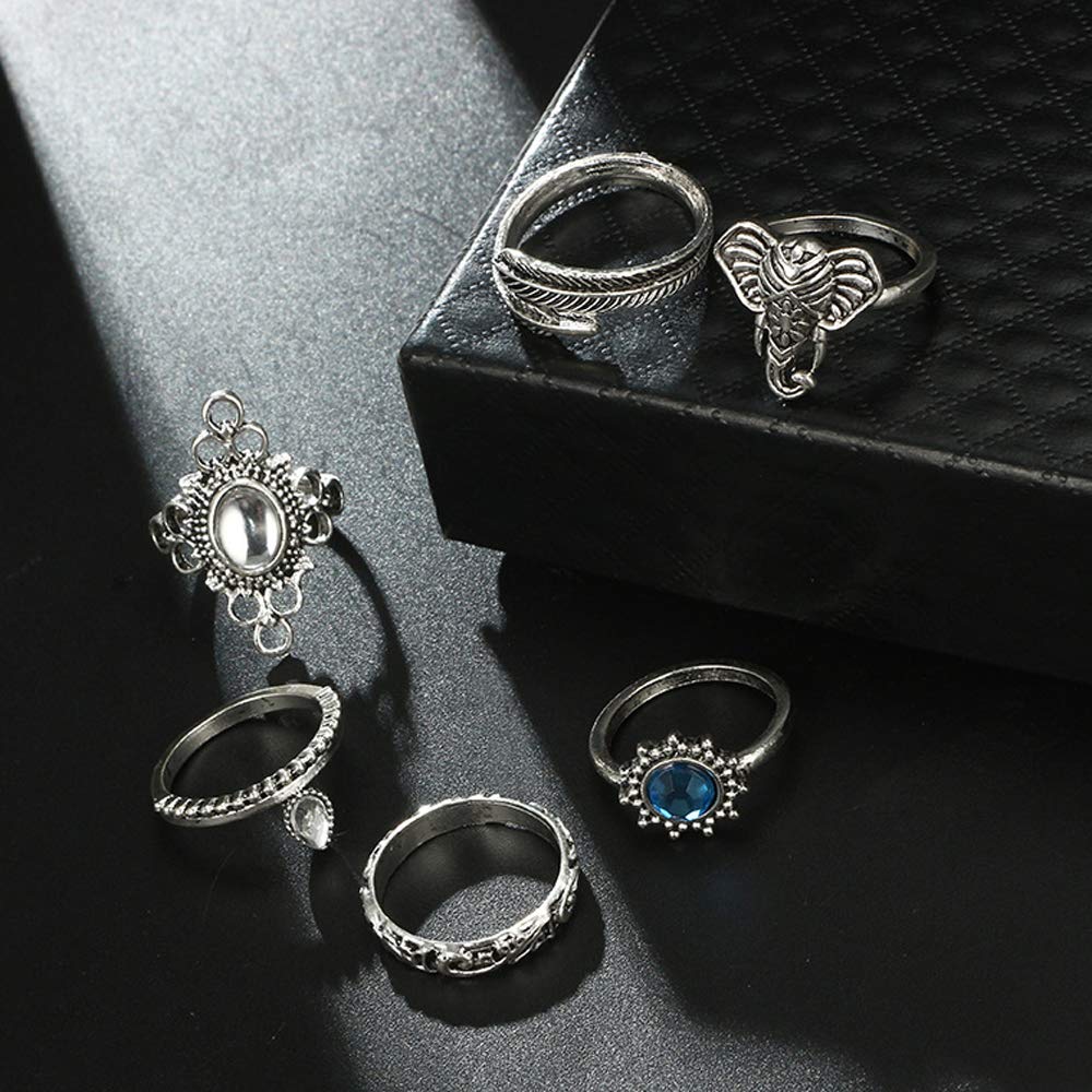 Missgrace Bohemian Vintage Elephant Animal Crystals Stack Rings Set Rhinestones Statement Beach Rings for Women Piece 12Pcs (Style 5)