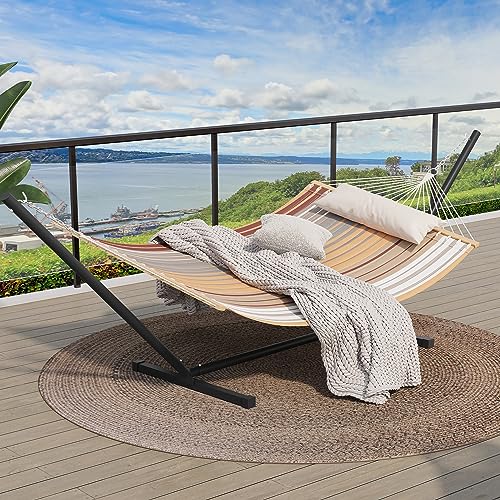YITAHOME 12FT Hammock with Stand Included Hammock Heavy Duty Hammocks Waterproof Poratble Freestanding Hammock with Pillow Storage Bags 450lbs for Outdoors,Backyard,Yellow Stripes
